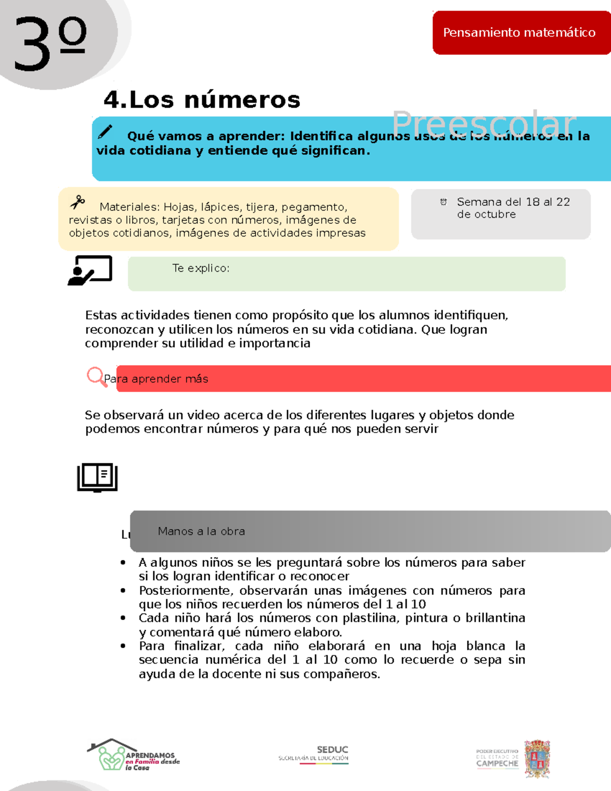 4. 18 al 22 de Octubre Pensamiento matematico preescolar 3 er grado - 4 ...