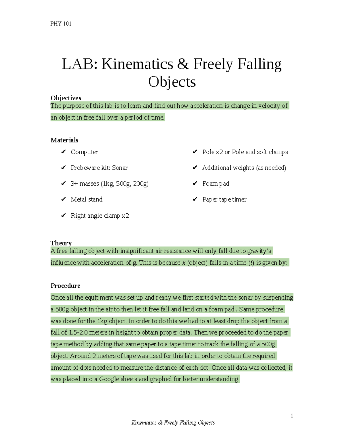 Lab 2 Kinematics Freely Falling Objects - PHY 101 LAB: Kinematics ...
