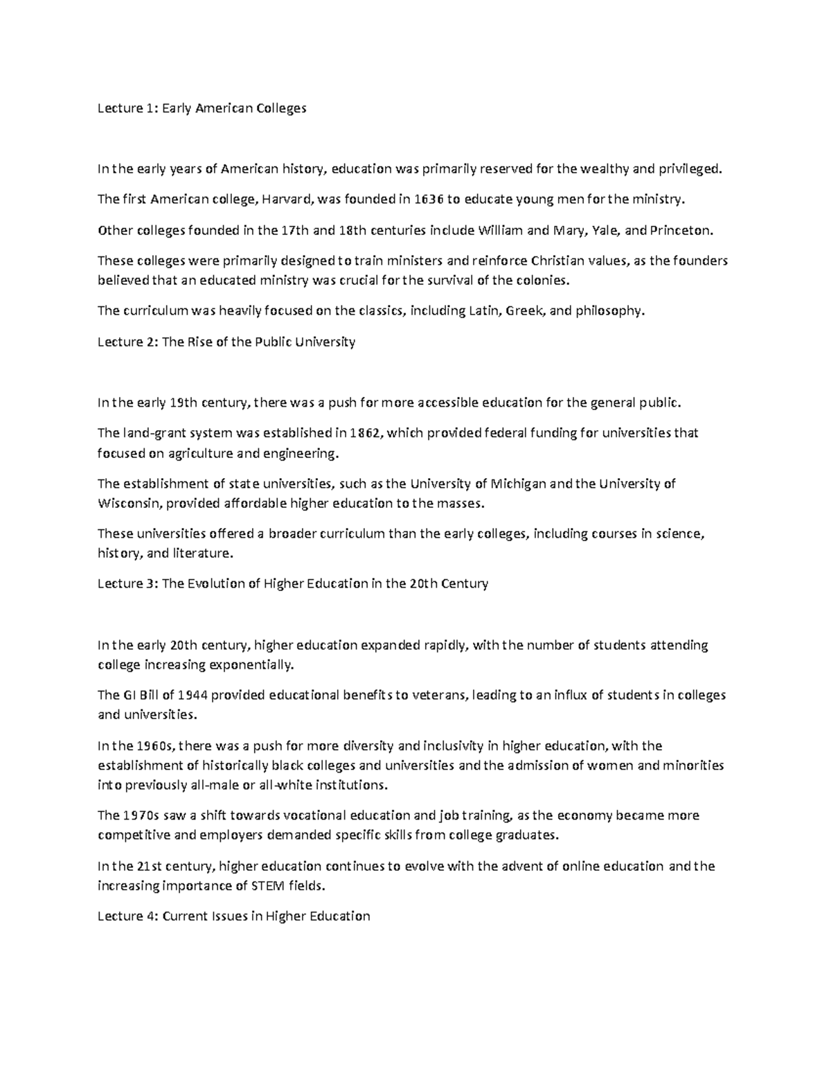 History notes - Lecture 1: Early American Colleges In the early years ...