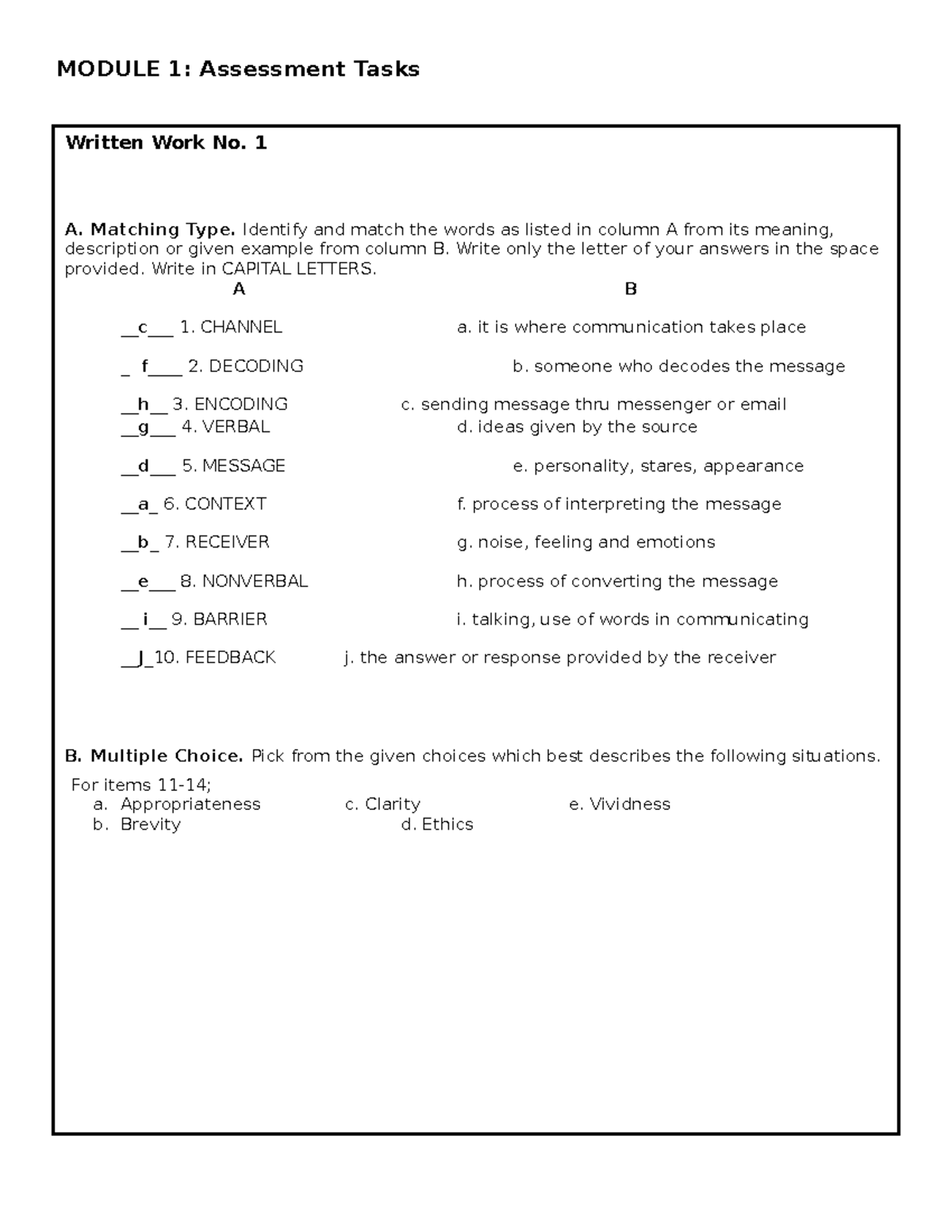 OC-Q1-M1-Assessment Tasks - MODULE 1: Assessment Tasks Written Work No ...