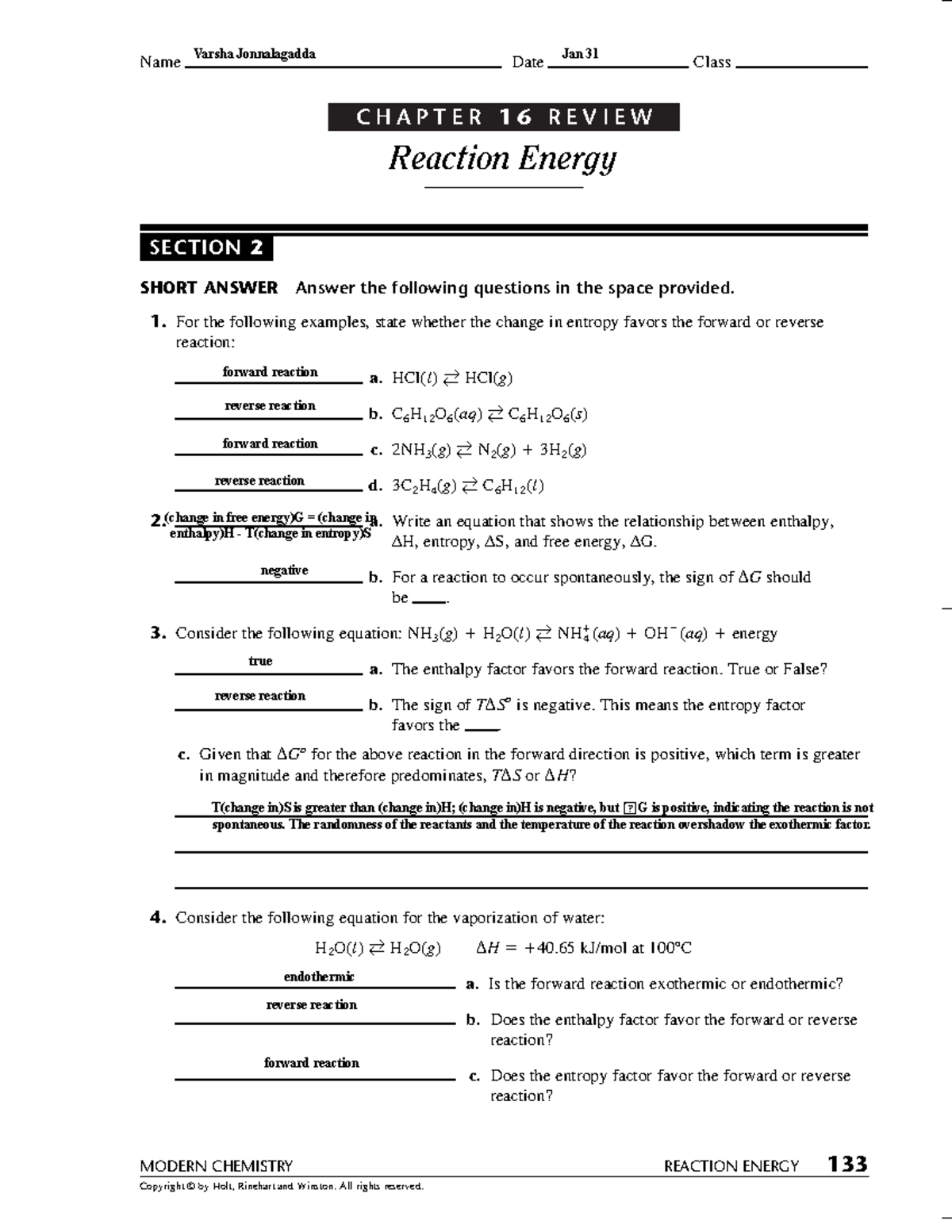Enthalpy Worksheet - C H A P T E R 1 6 R E V I E W Reaction Energy ...