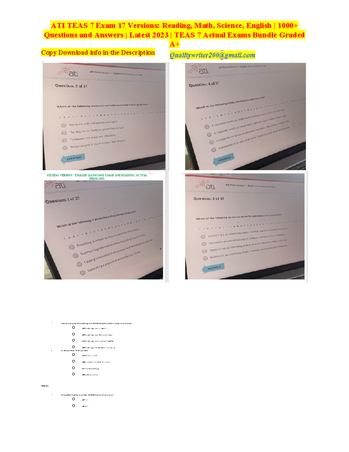 ATI TEAS 7 Exam English Reading Language Usage Science and Math Actual ...