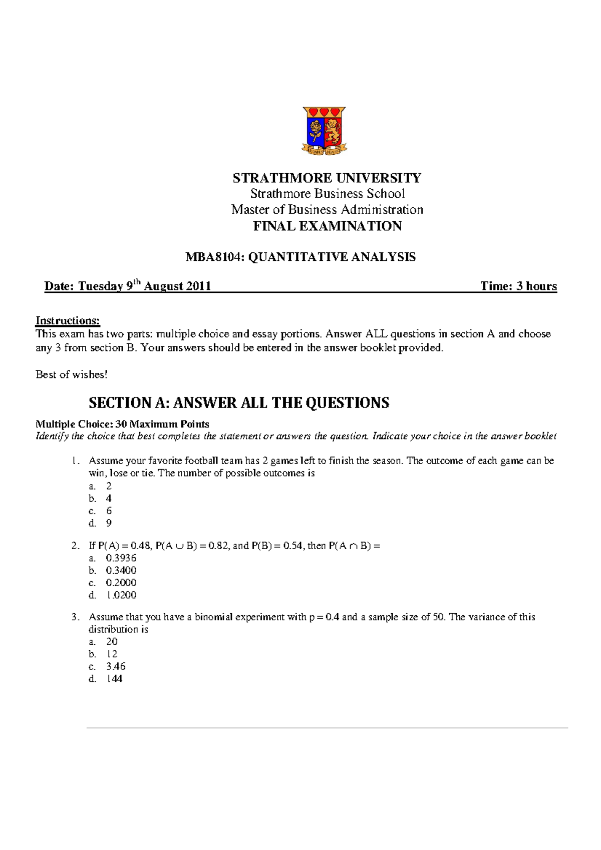Final Exam August 2011 MBA 8104 Quantitative Analysis - Quantitative ...