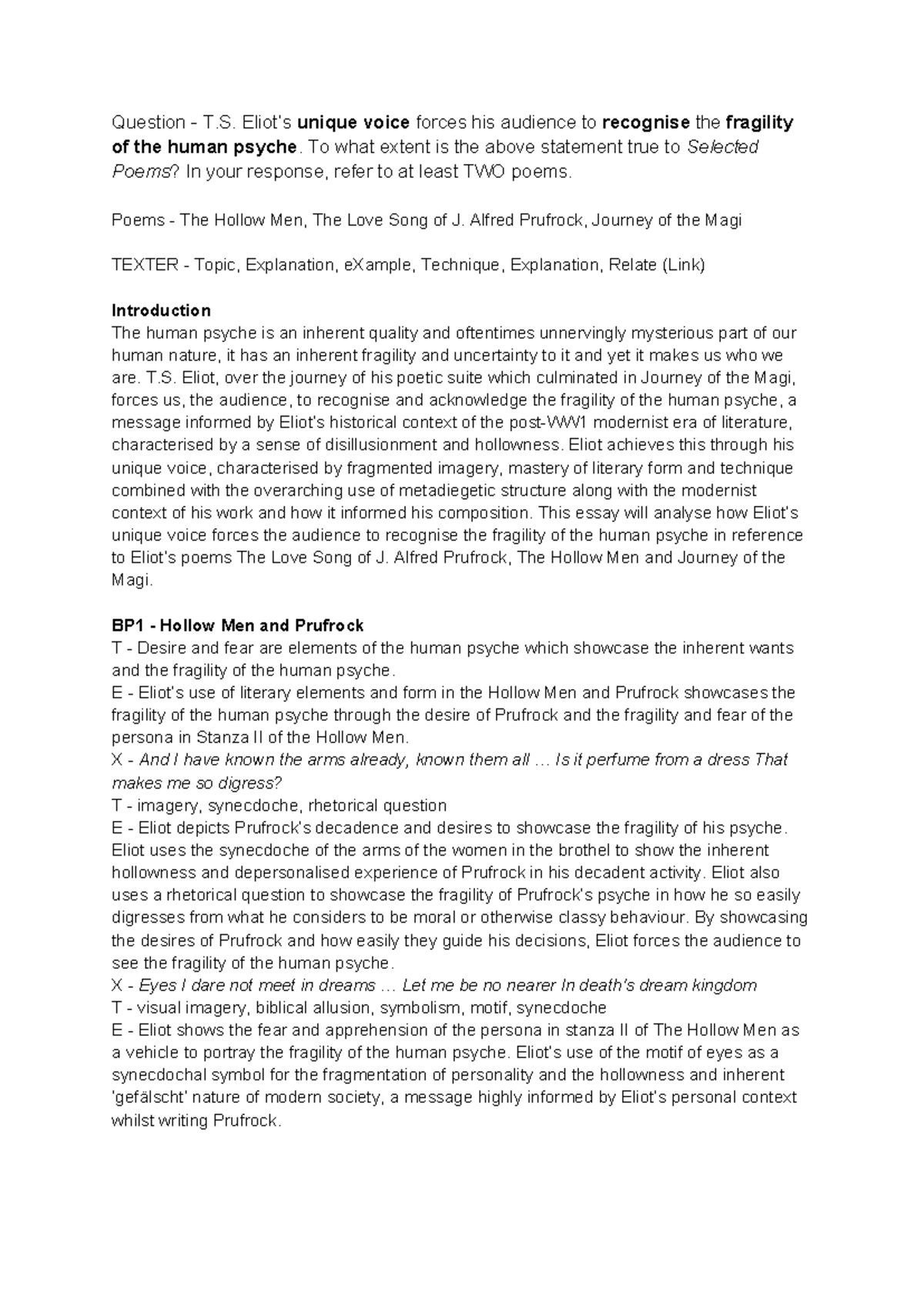 Mod B T.S. Eliot Model Essay - Question - T. Eliot’s unique voice ...