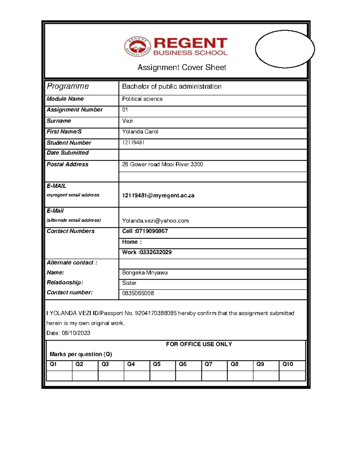 12119481 Political Science - Assignment Cover Sheet Programme Bachelor ...