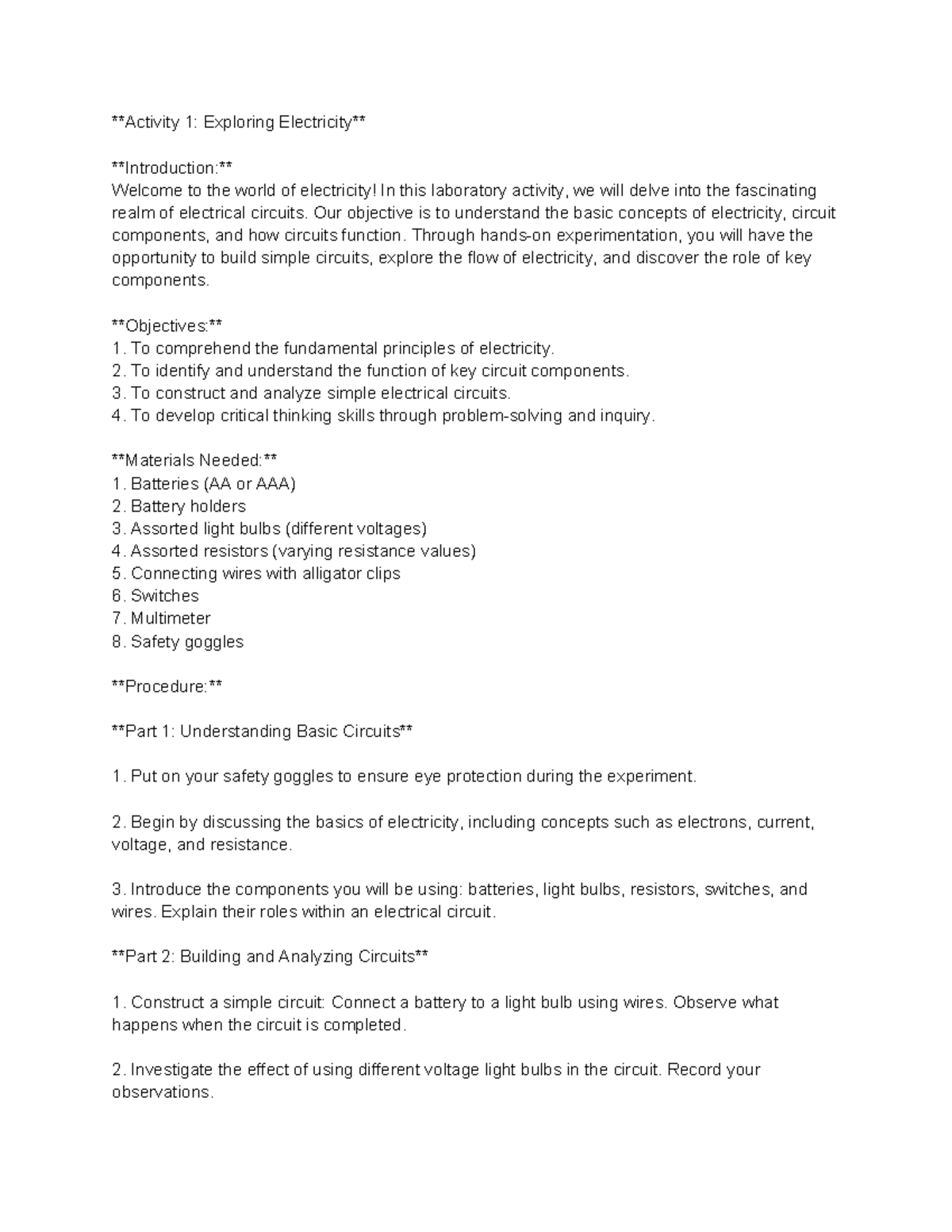 -Activity 1- Exploring Electricity - Activity 1: Exploring Electricity ...