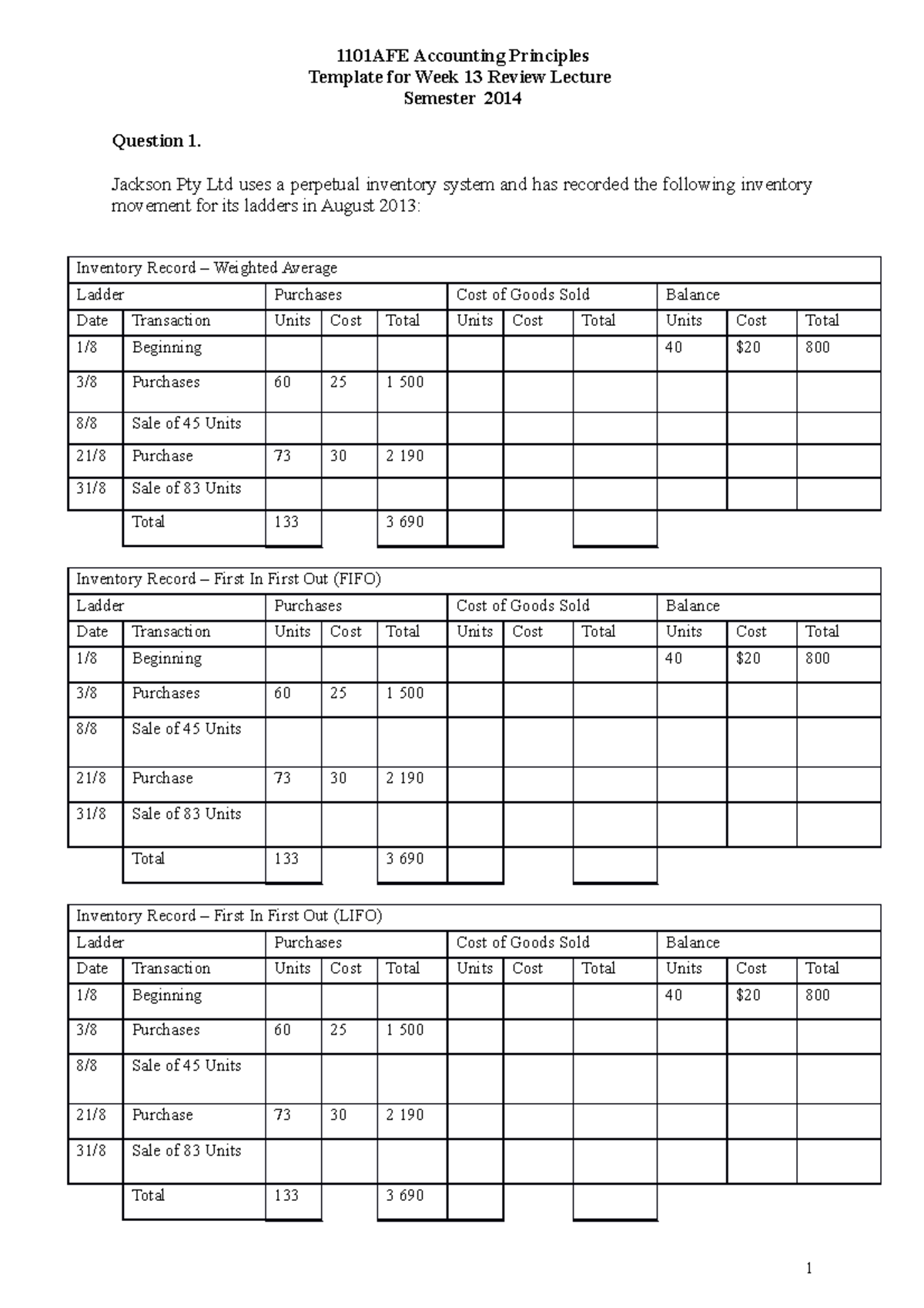 Week 13 Revision Lecture Template sem1 2014 - 1101AFE Accounting ...