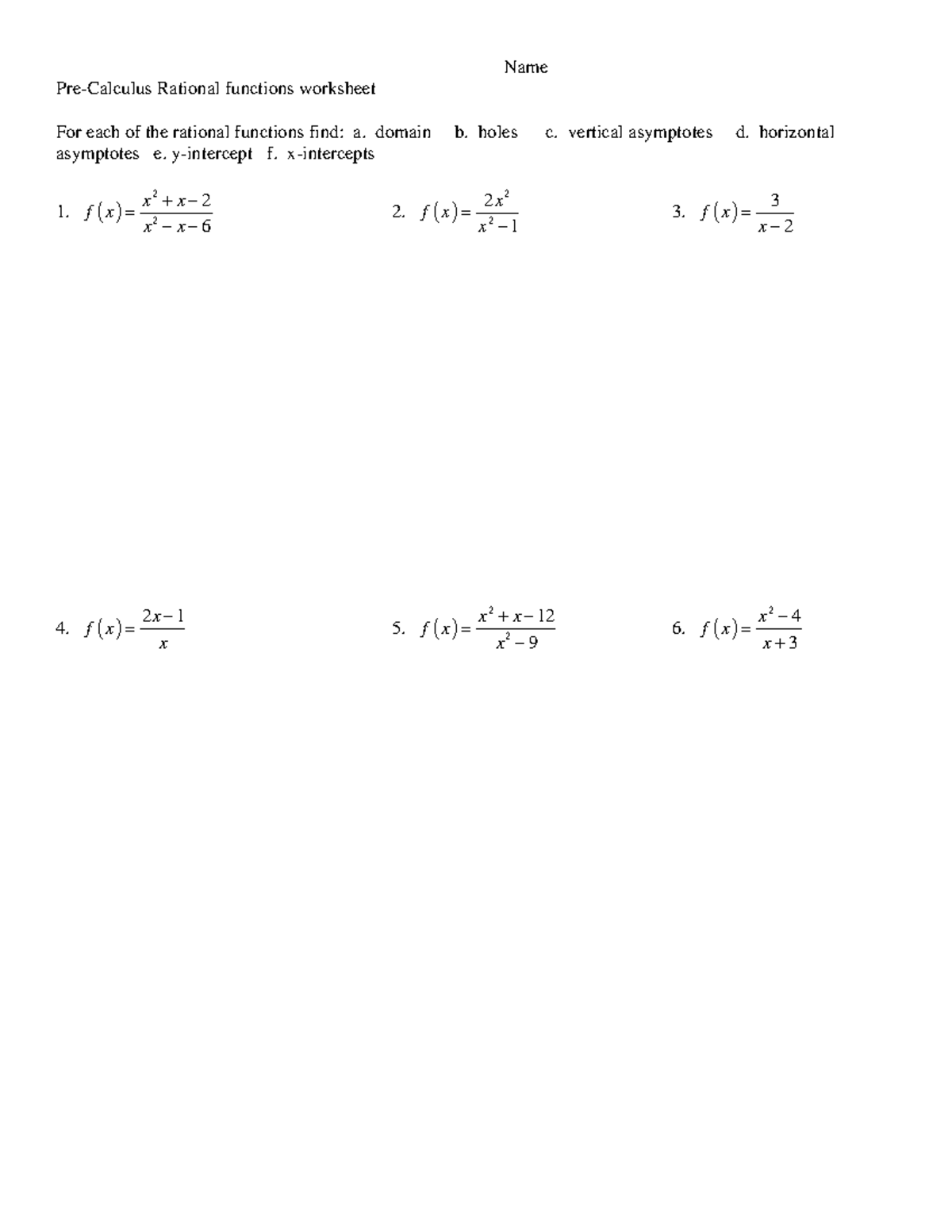 Calc review 5-6 - Name Pre-Calculus Rational functions worksheet For ...