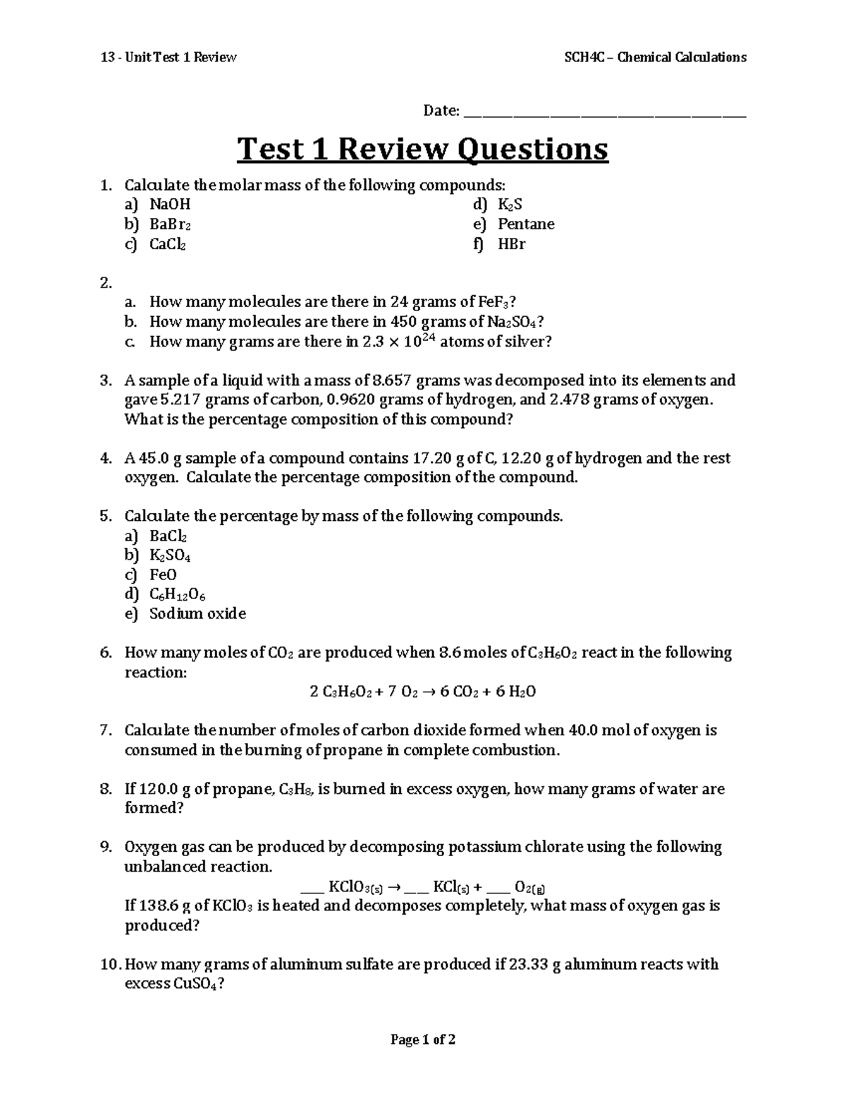 13 - Unit Test 1 Review - Notes - 13 - Unit Test 1 Review SCH4C ...