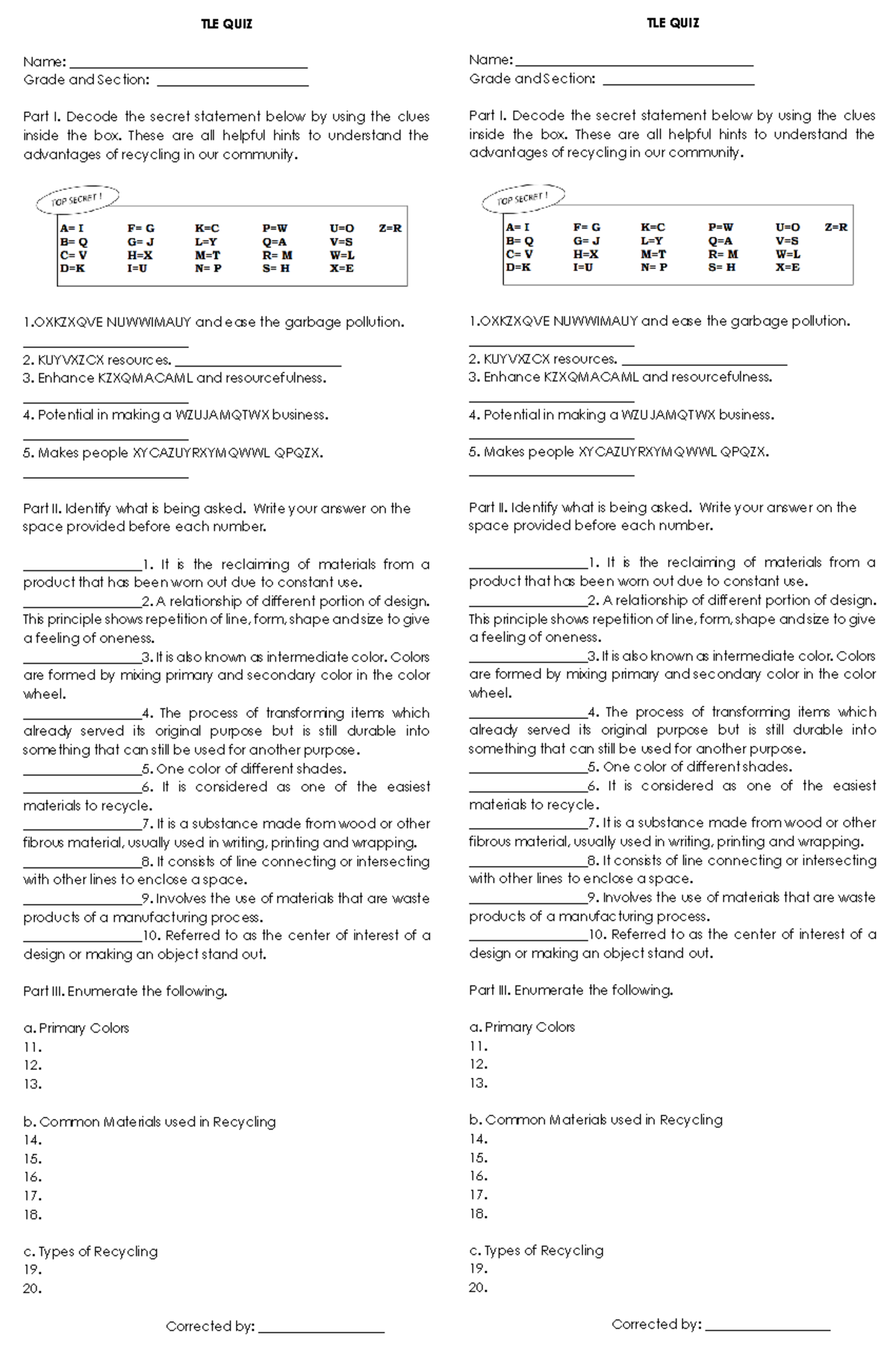 TLE 8 QUIZ (Recycling and Design) - TLE QUIZ Name ...
