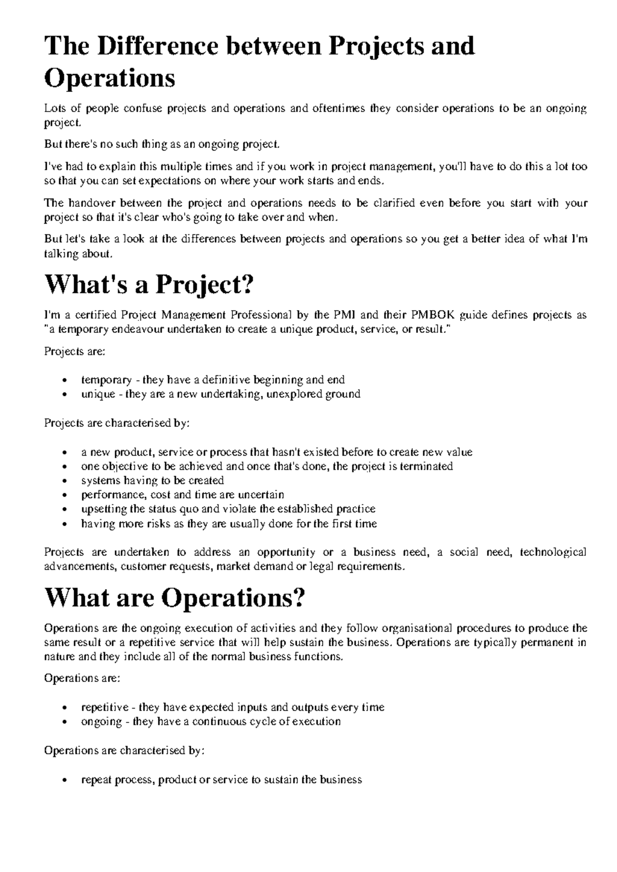 PM Difference between Projects and Operations - The Difference between ...