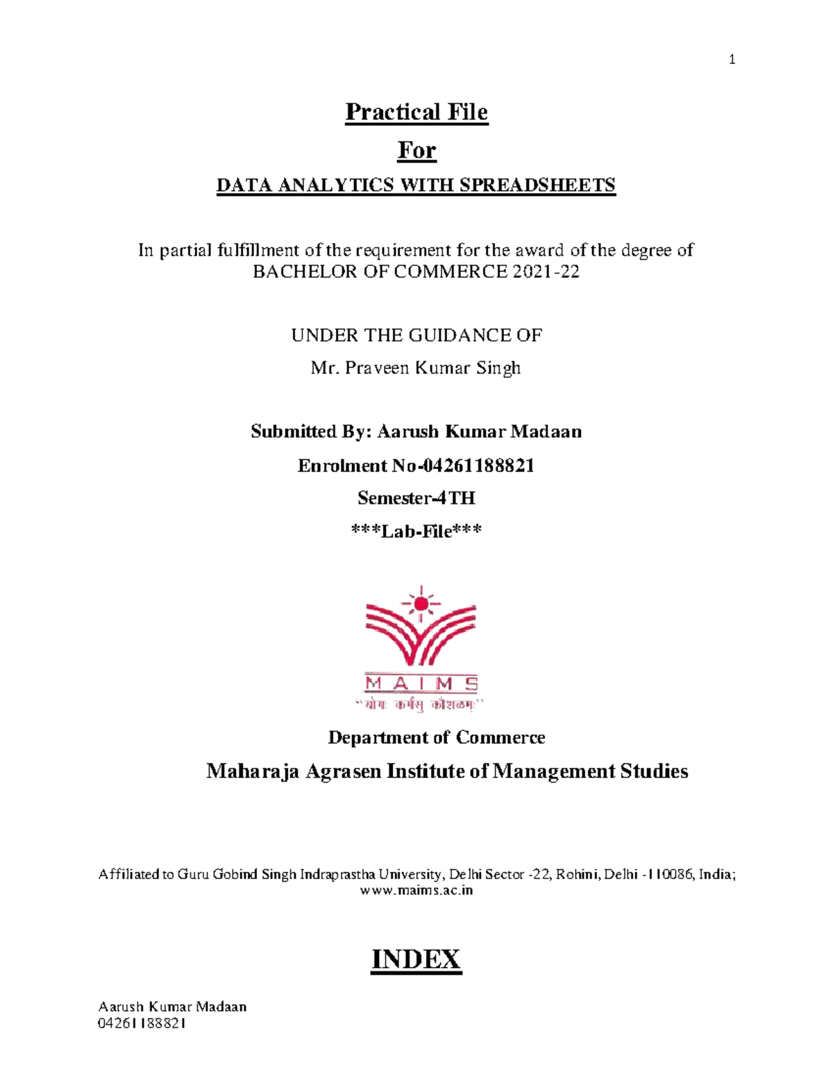 DA LAB Aarush - byubhu - Aarush Kumar Madaan Practical File For DATA ANALYTICS WITH SPREADSHEETS ...