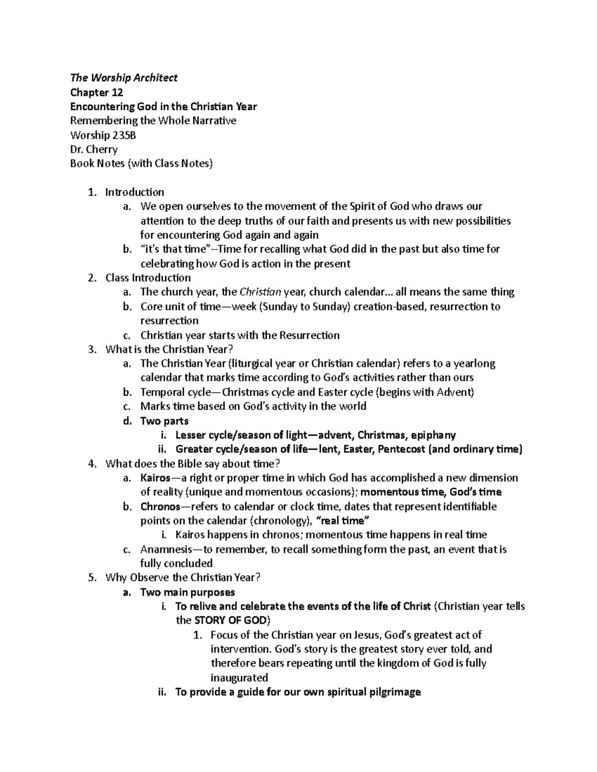 The Christian Year - Lecture notes class lecture - The Worship ...