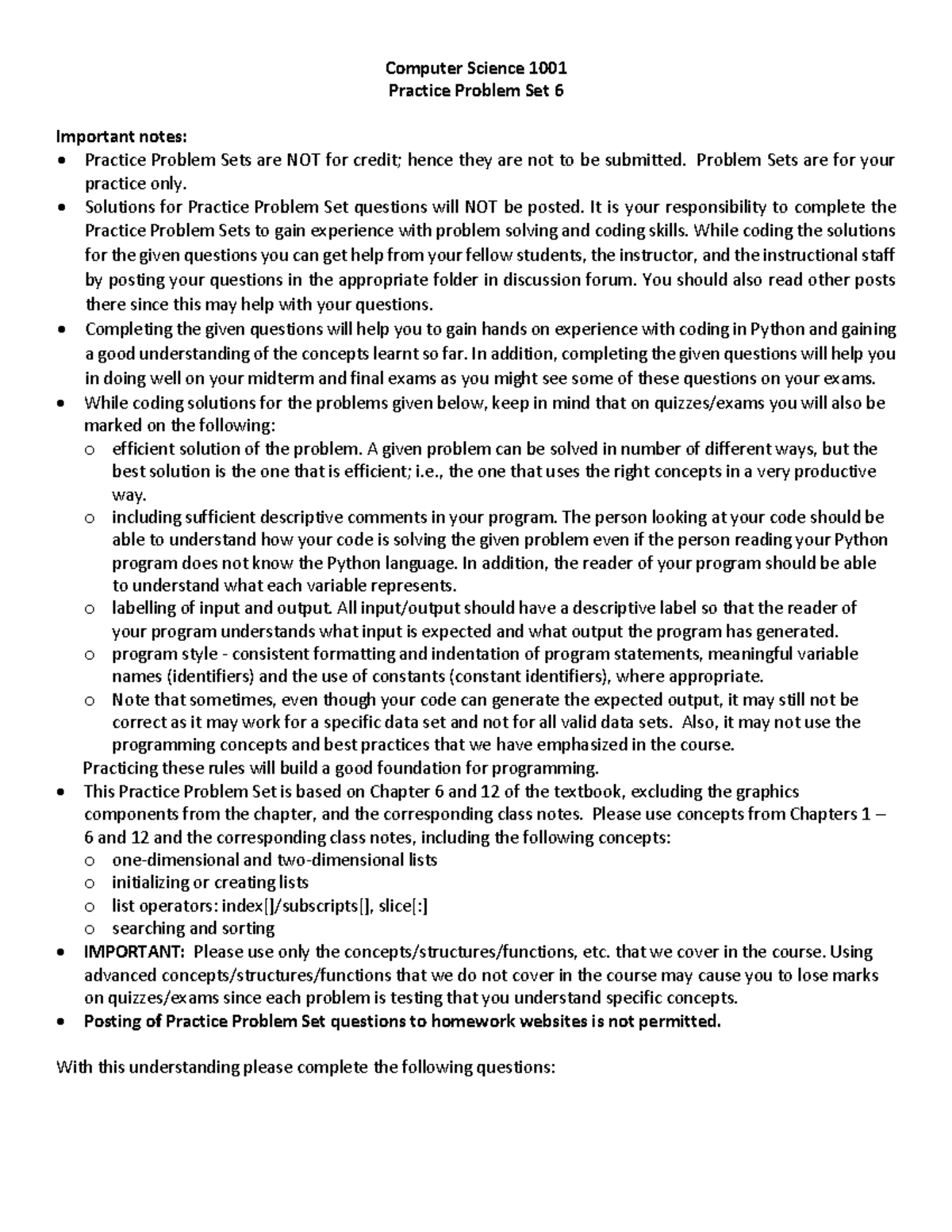 Practice Problem Set 6 - Computer Science 1001 Practice Problem Set 6 ...