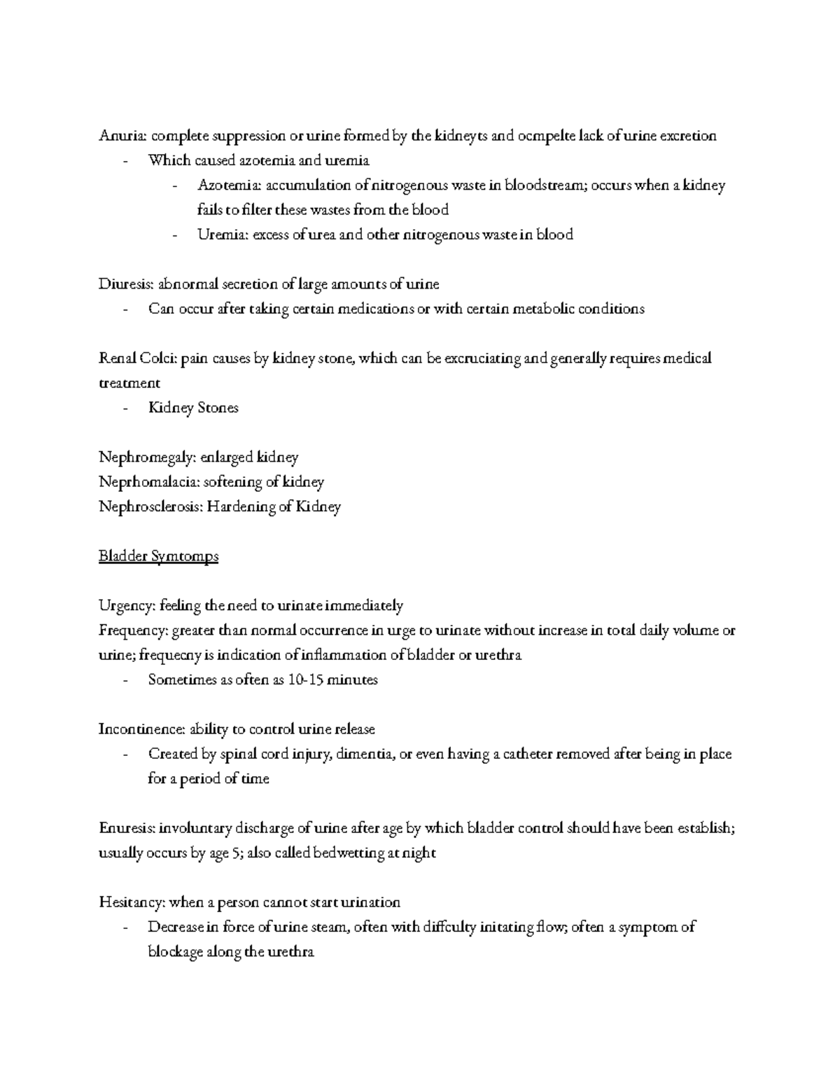 Medical Terminology Notes - Chapter 10 part 2 - Anuria: complete ...