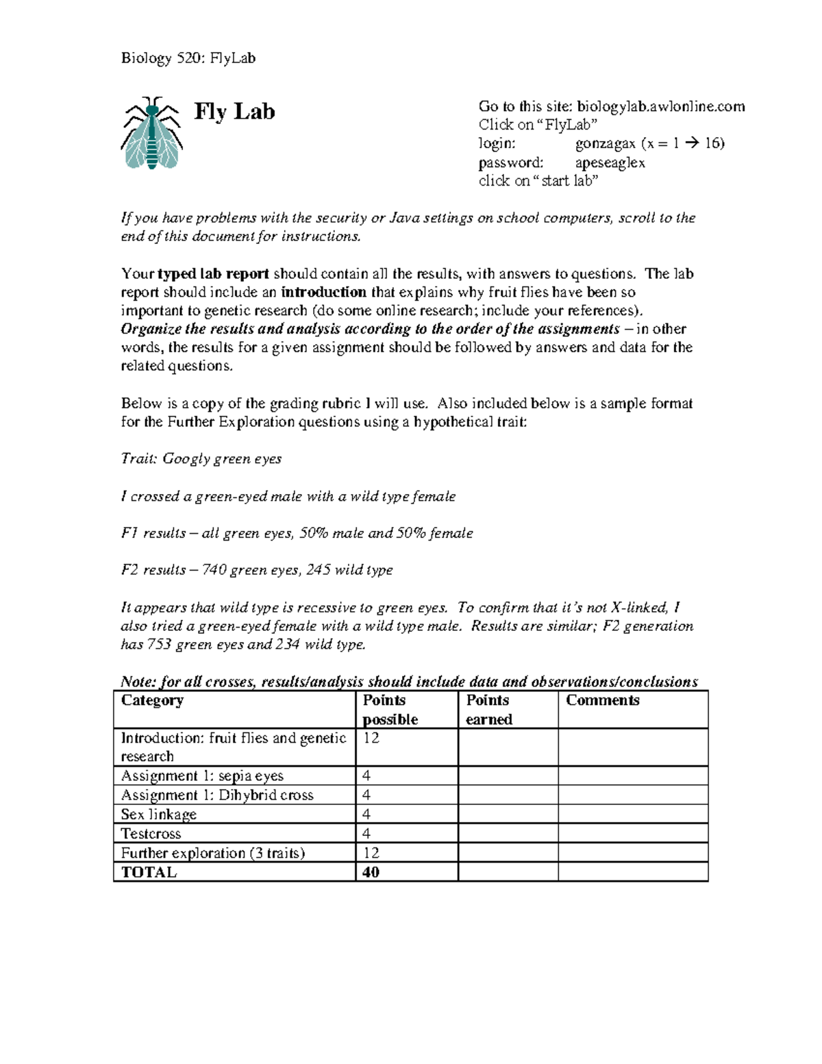 Fly Lab bio520 - Fly Lab Go to this site: biologylab.awlonline Click on “FlyLab” login: gonzagax ...