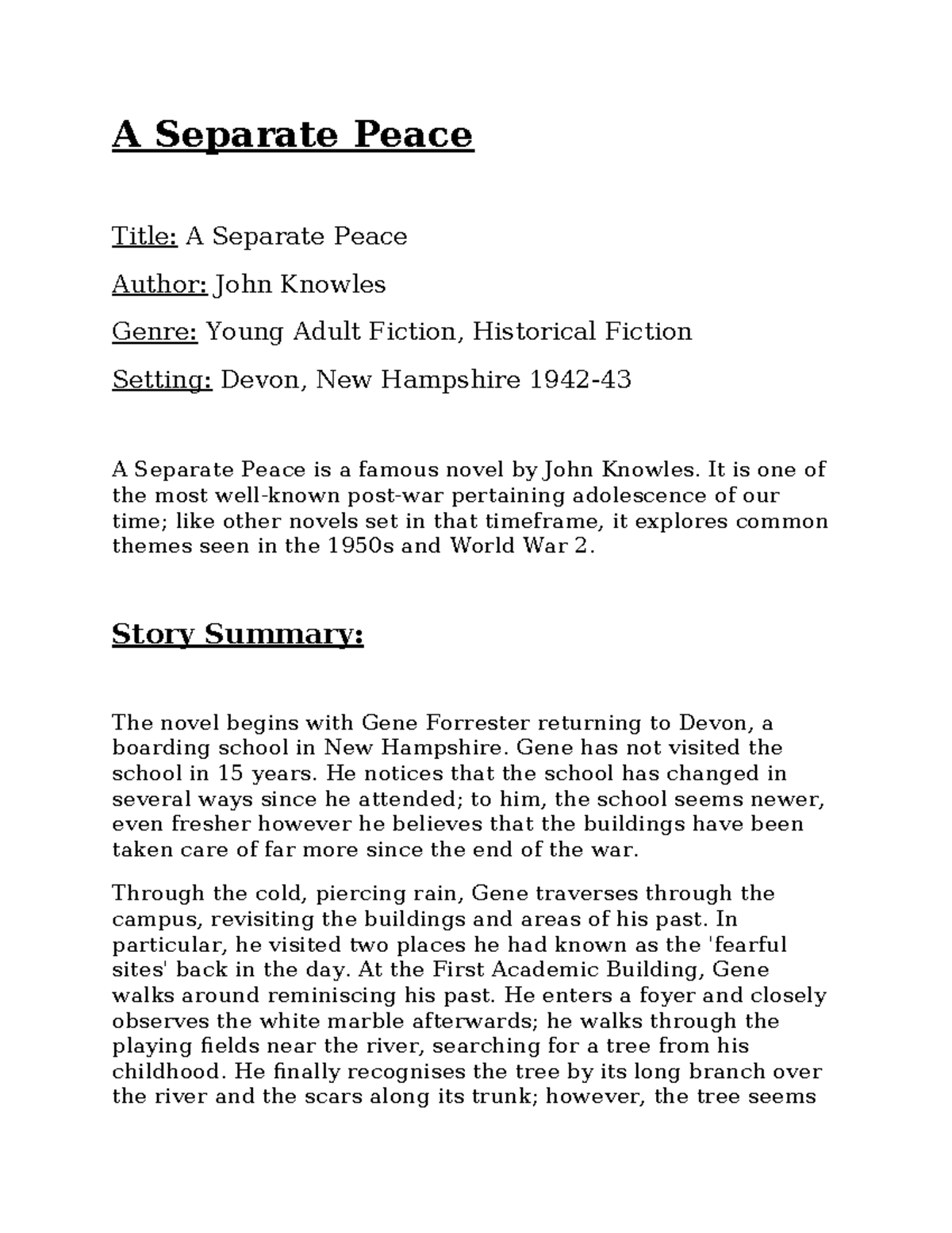 A Separate Peace Book Report - A Separate Peace Title: A Separate Peace ...
