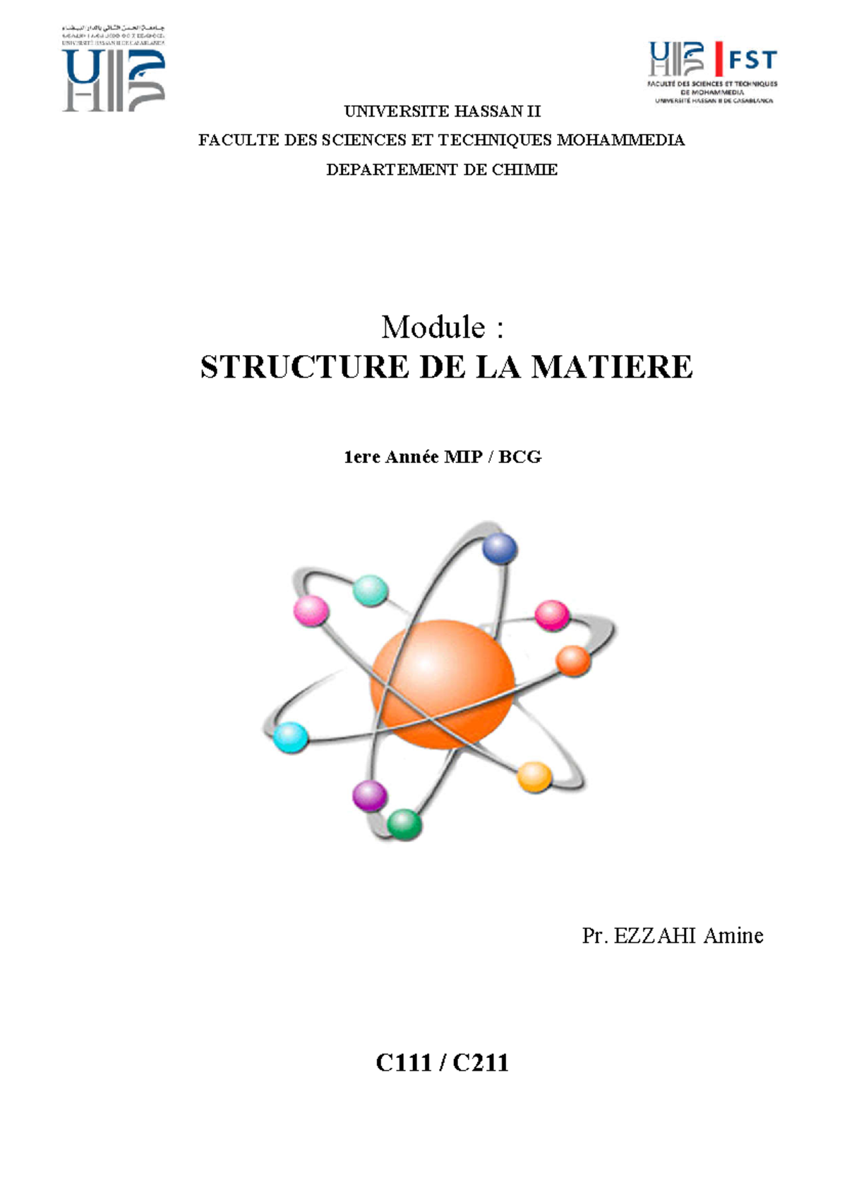 Cours Structure de la Matière - C111 - UNIVERSITE HASSAN II FACULTE DES ...
