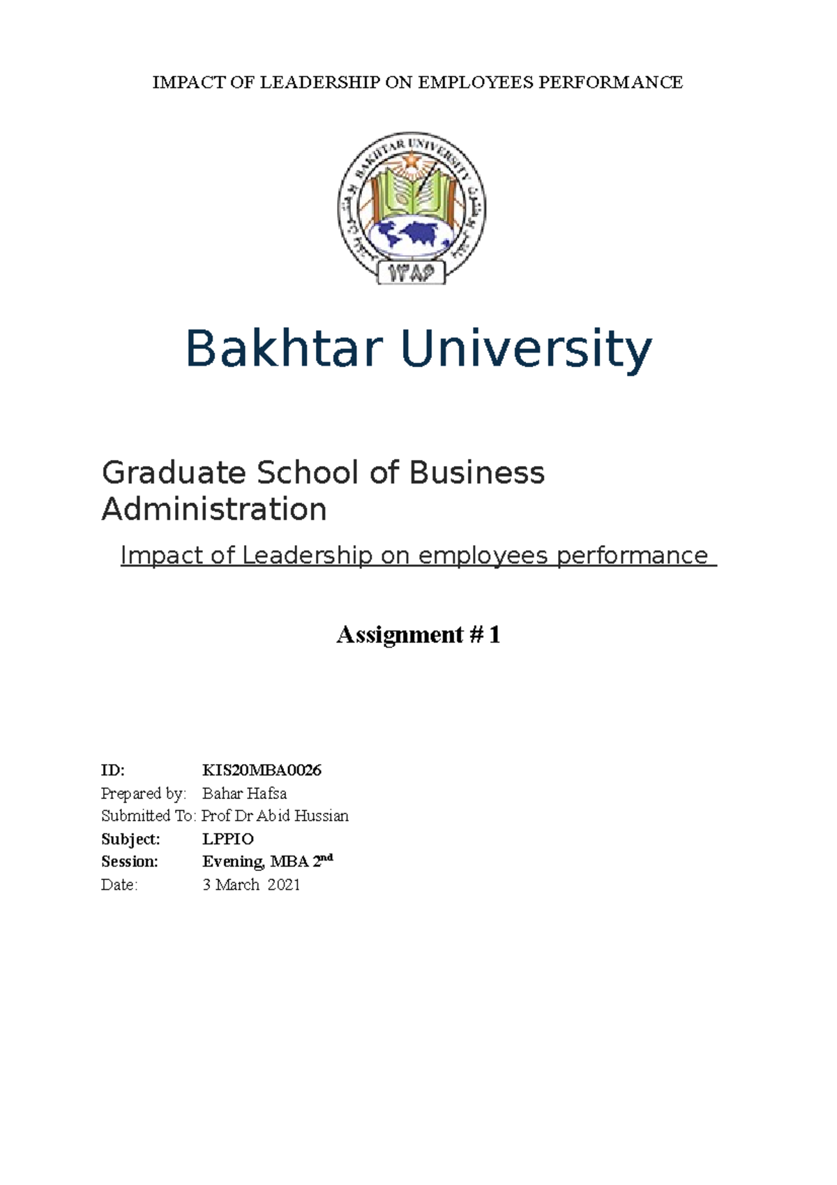 Bahar Assignment #1 - An essay - Bakhtar University Graduate School of ...