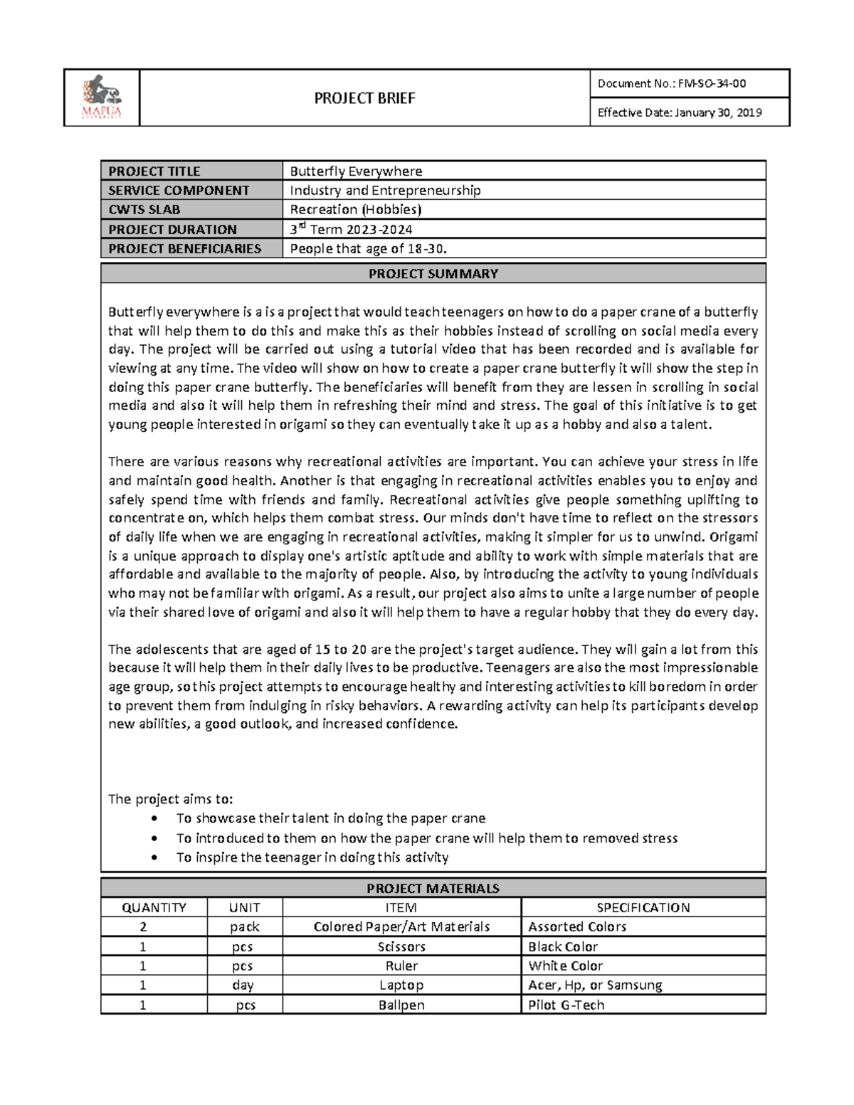 Project Brief - PROJECT BRIEF Document No.: FM-SO-34- Effective Date ...