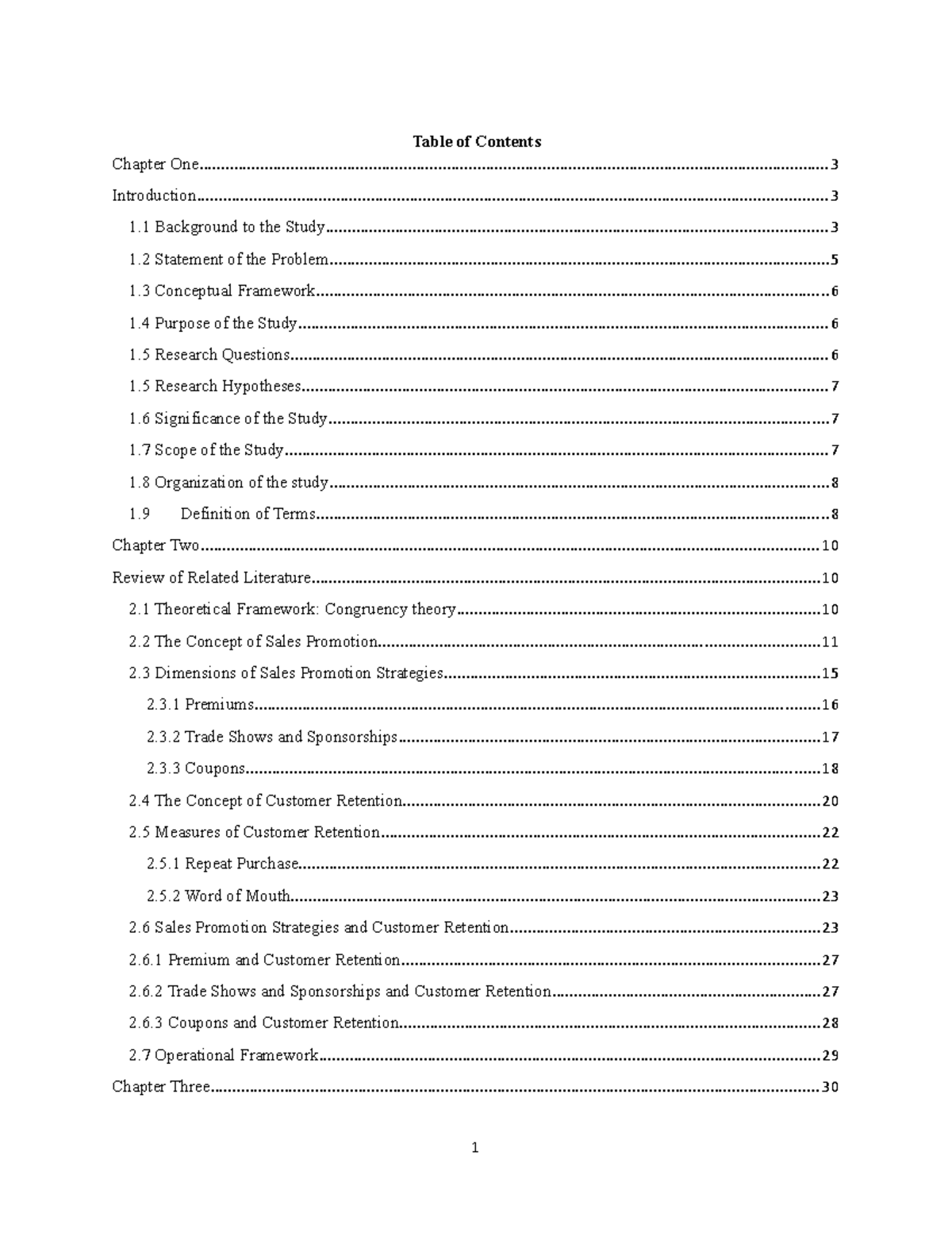 Sales Promotion Strategies and Customer Retention - Table of Contents ...