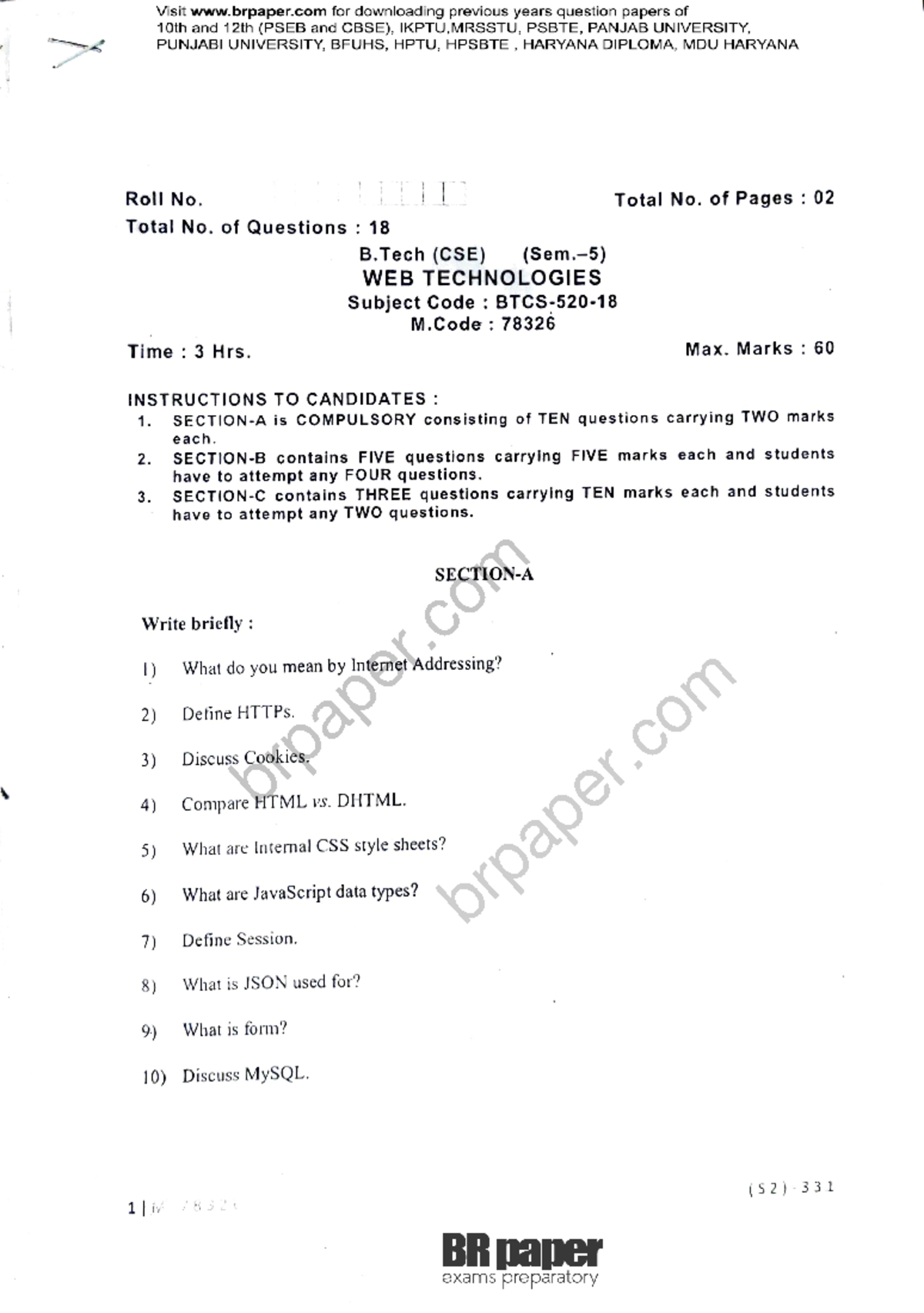 WT(5th)Dec2020 - old year question paper - B.Tech (CSE) - brpaper brpaper - Studocu