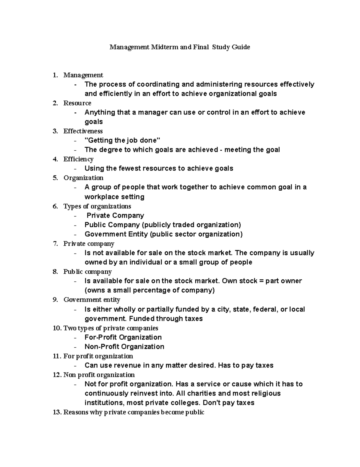 Business - Management Midterm and Final Study Guide - Management ...