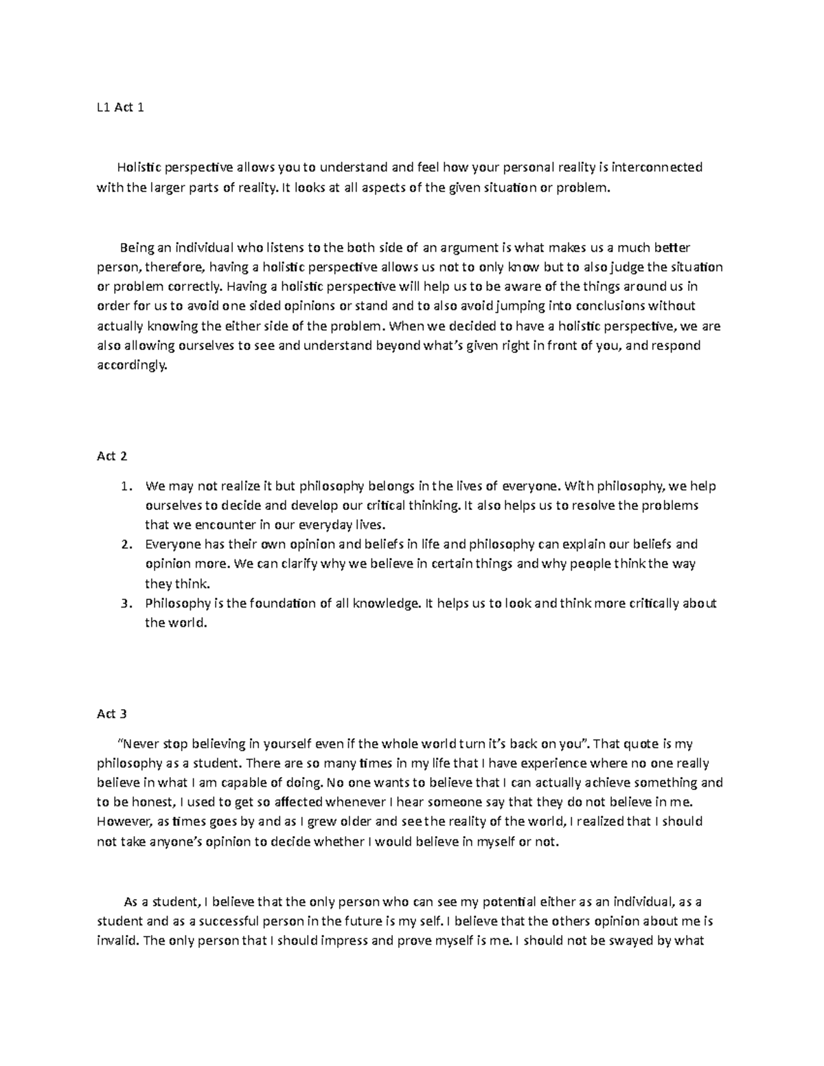 Document - L1 Act 1 Holistic perspective allows you to understand and ...