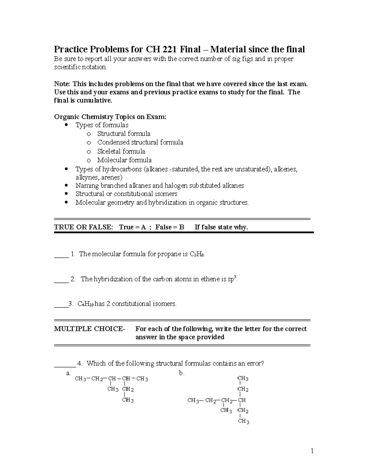 CH221Finalreview - Finals review - Practice Problems for CH 221 Final – Material since the final ...