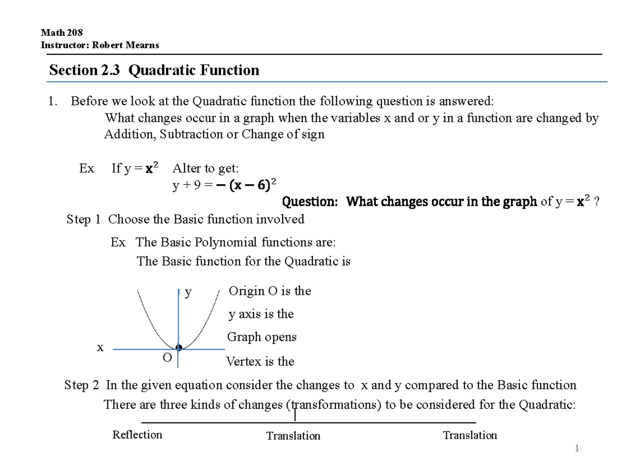 Note Outline Sec 2 - Notes - Before we look at the Quadratic function ...