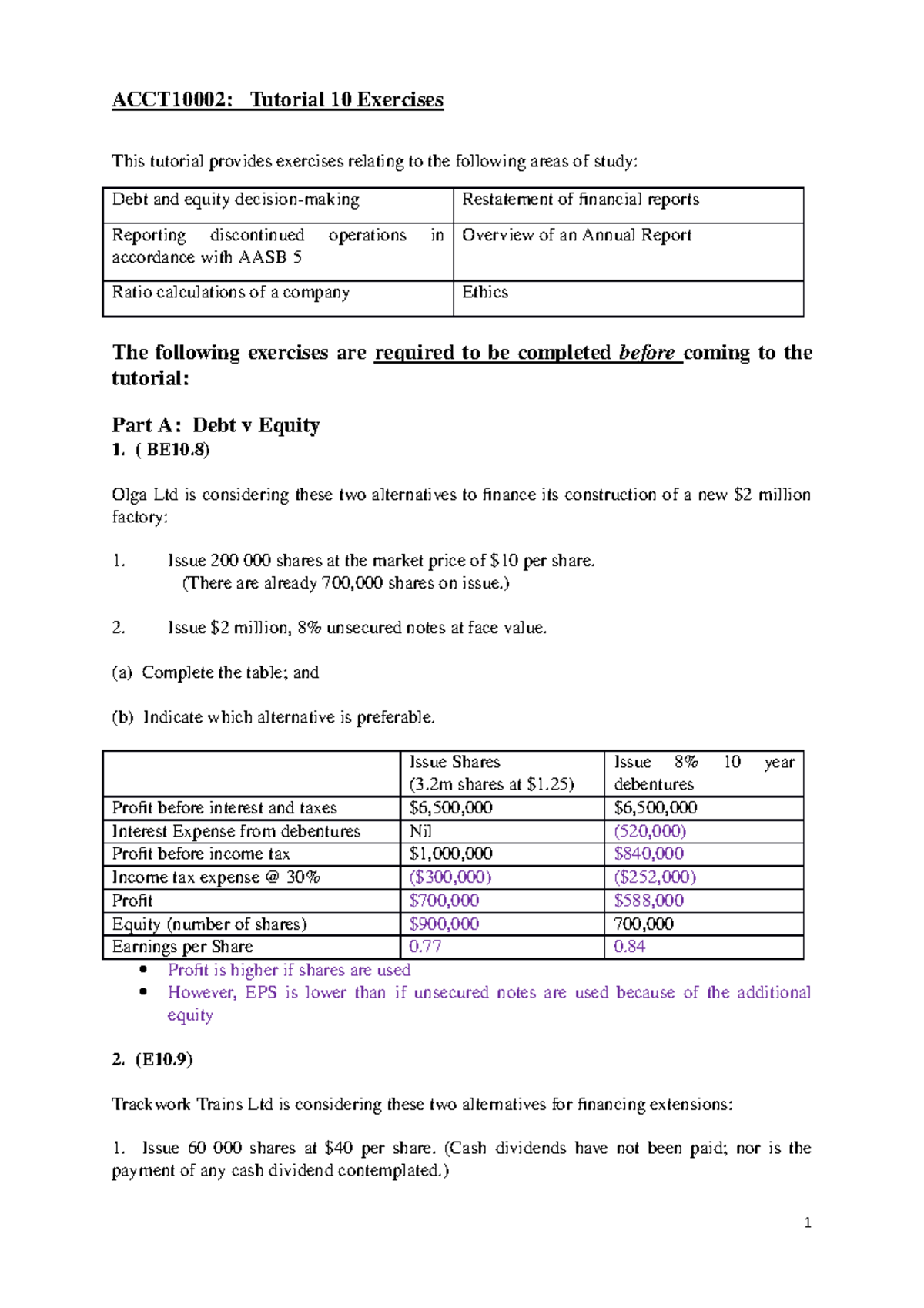 ACCT10002 Tutorial 10 Exercises - ACCT10002: Tutorial 10 Exercises This tutorial provides ...