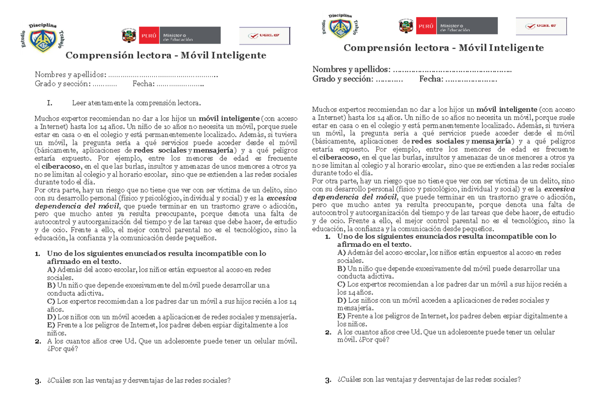 Lectura celular - Comprensión lectora - Móvil Inteligente Nombres y ...