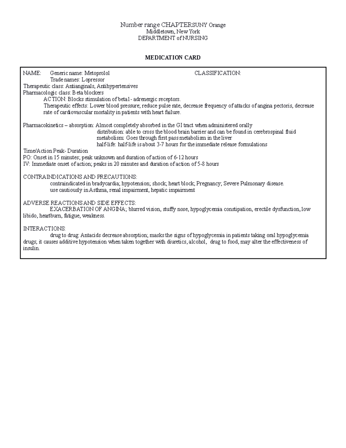Metoprolol - MED CARD - Number range CHAPTERSUNY Orange Middletown, New ...