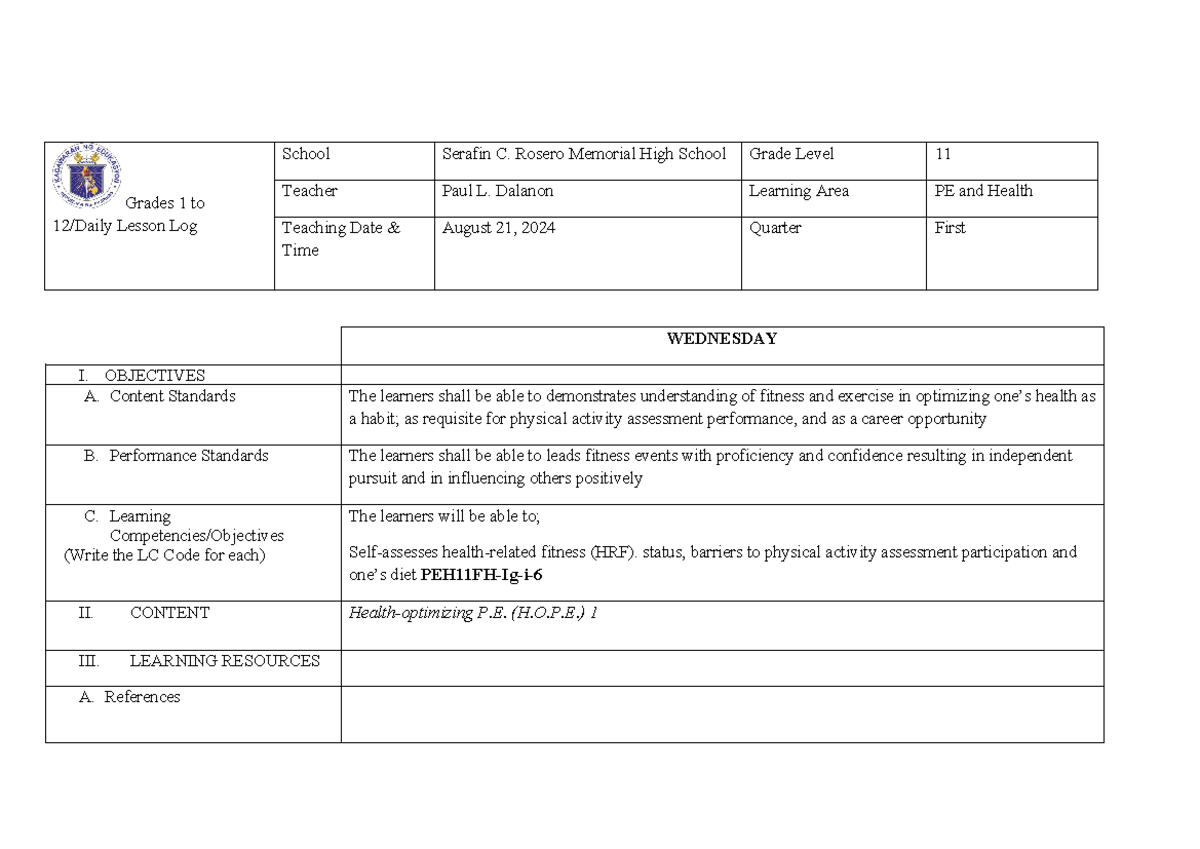 HOPE 11 - notes - Grades 1 to 12/Daily Lesson Log School Serafin C ...