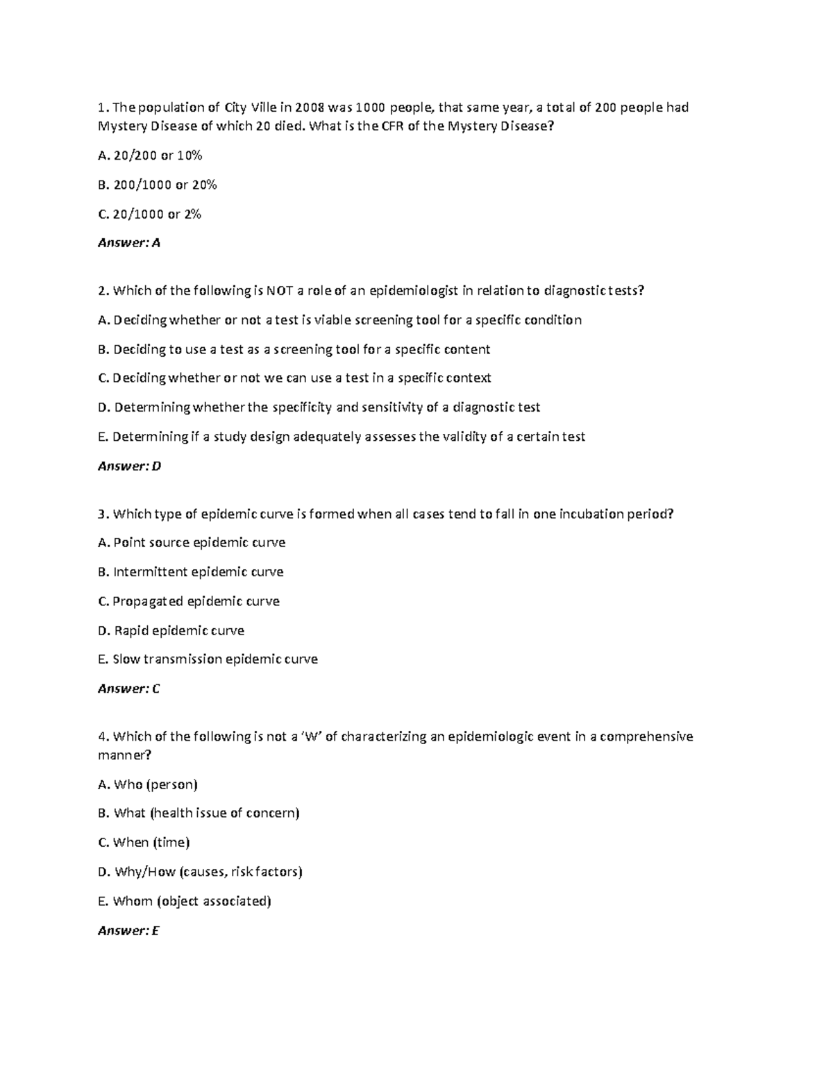 Biostatistics - multiple choice activity with answers - The population ...