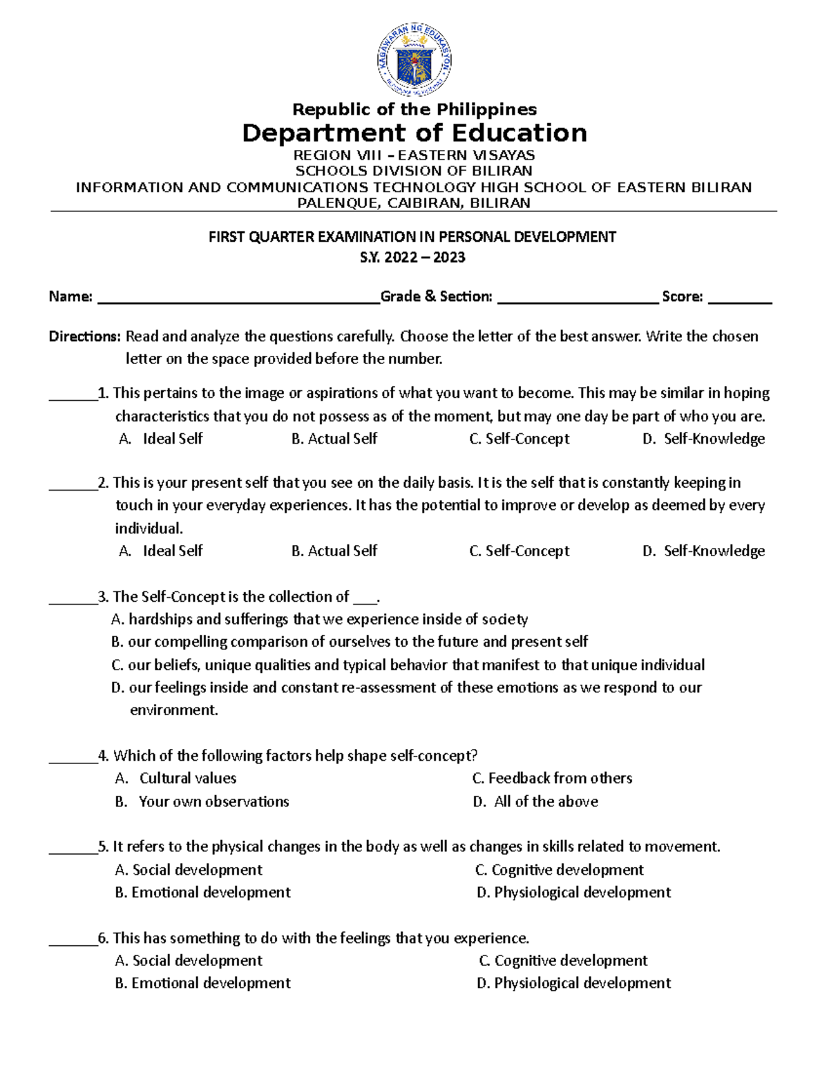 Summative - Examination paper - Republic of the Philippines Department ...