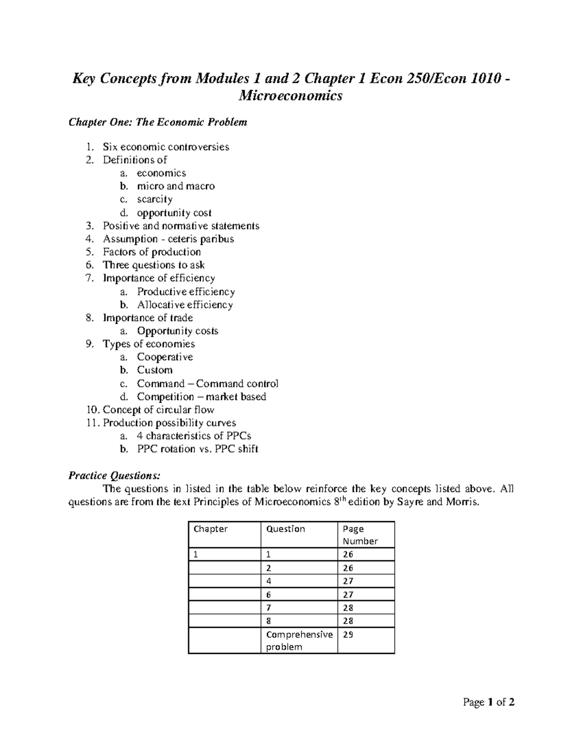 Key concepts Econ 250 Econ 1010 Modules 1 and 2 Chapter 1 - Key ...