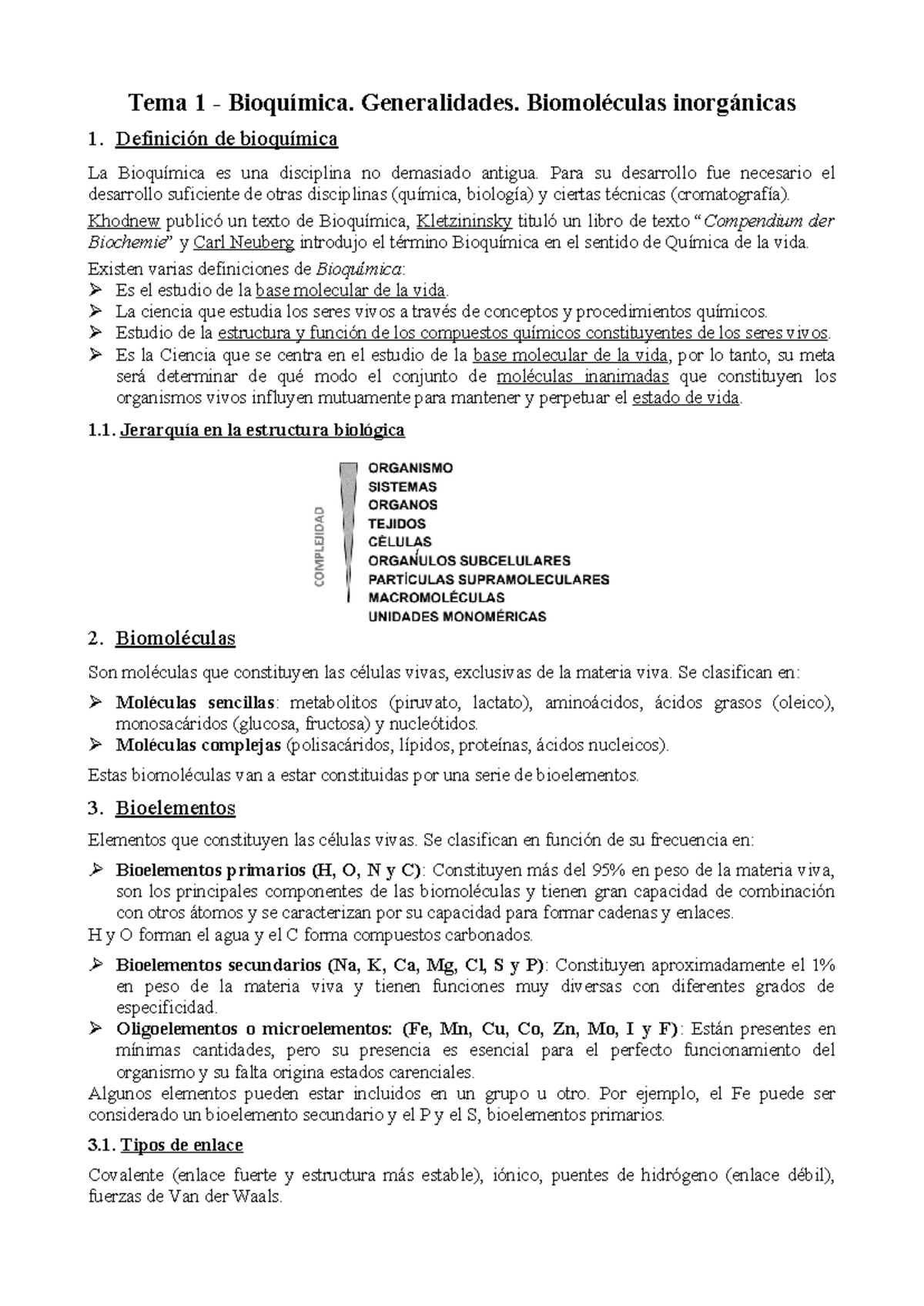 Tema 1 - Bioquímica. Generalidades. Biomoléculas inorgánicas - Tema 1 ...