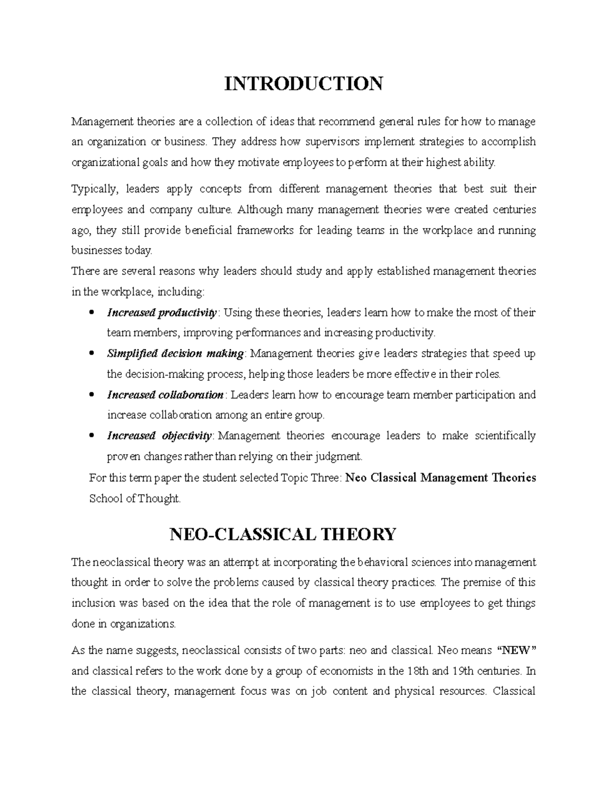 MTP Final Assignment - aaaaa - INTRODUCTION Management theories are a collection of ideas that ...