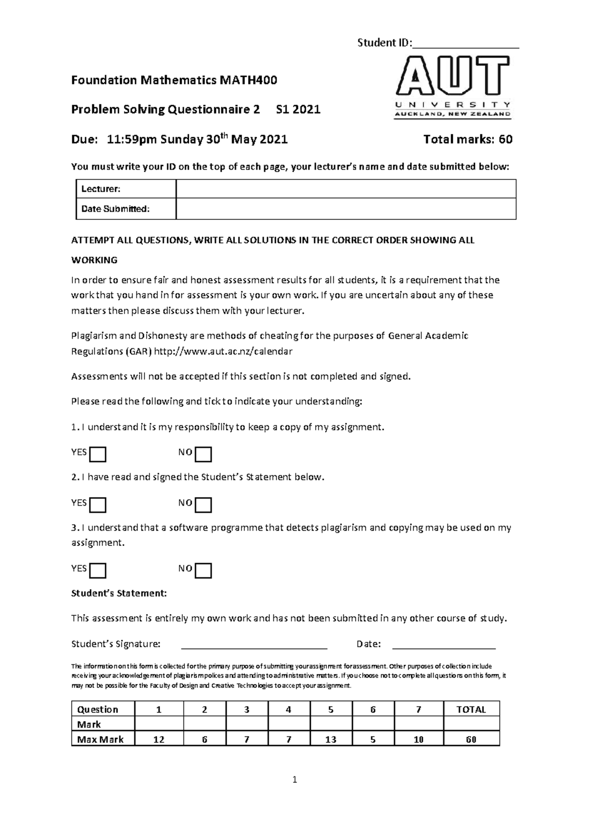 MATH400 S1 2021 Problem Solving Questionnaire Two - Foundation ...