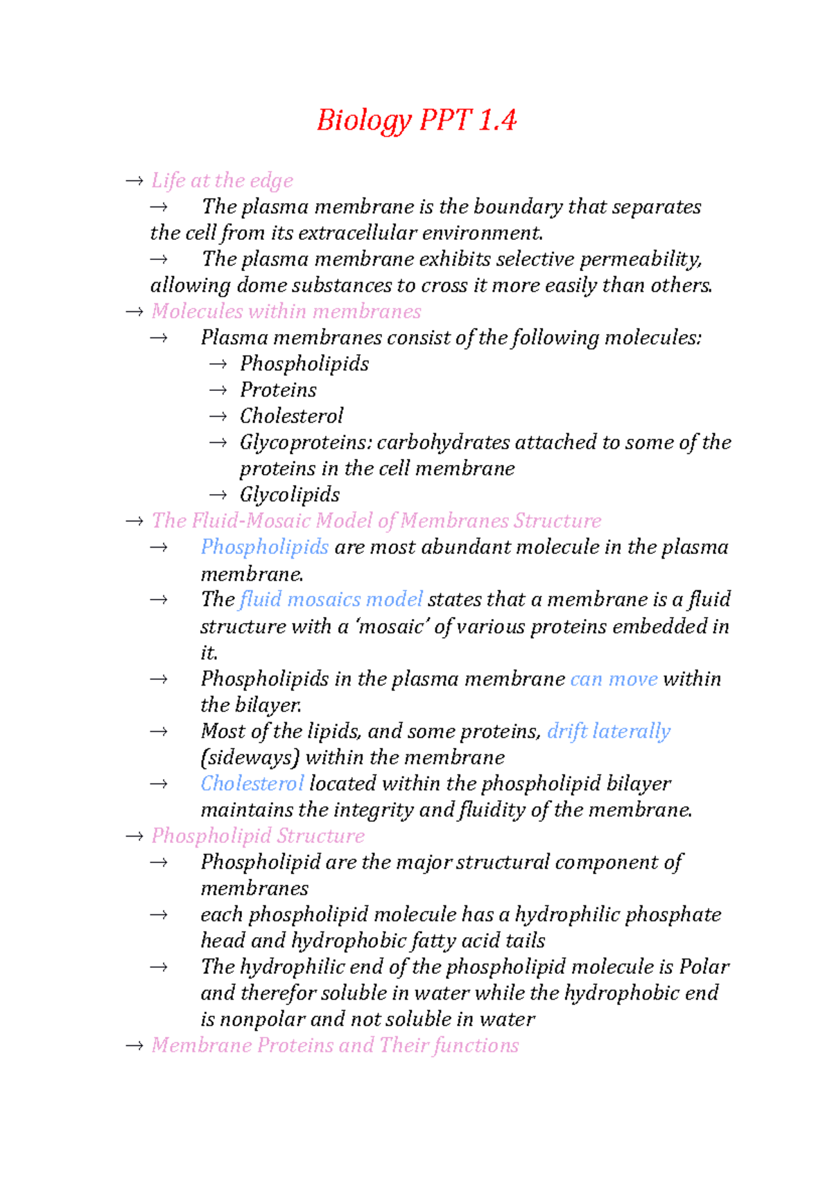 Biology PPT 4 - summary notes - Biology PPT 1. Life at the edge The ...