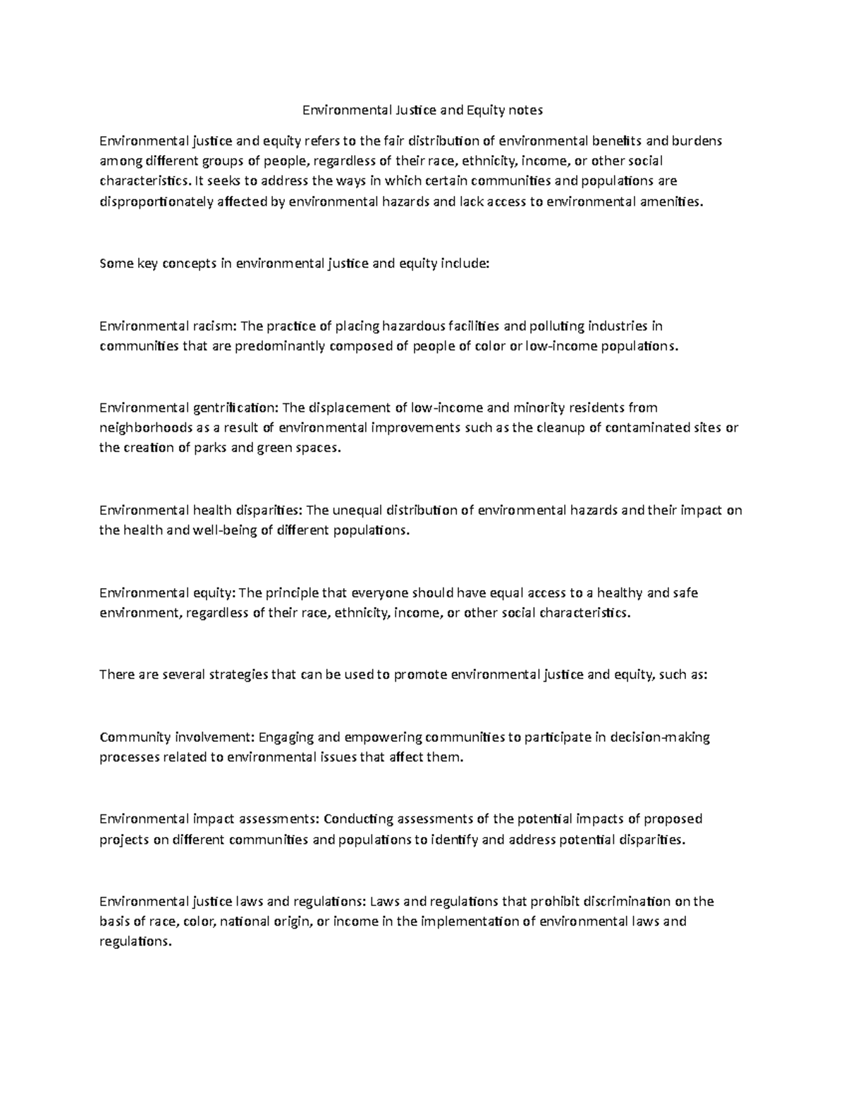 Environmental Justice and Equity notes - Environmental justice and ...