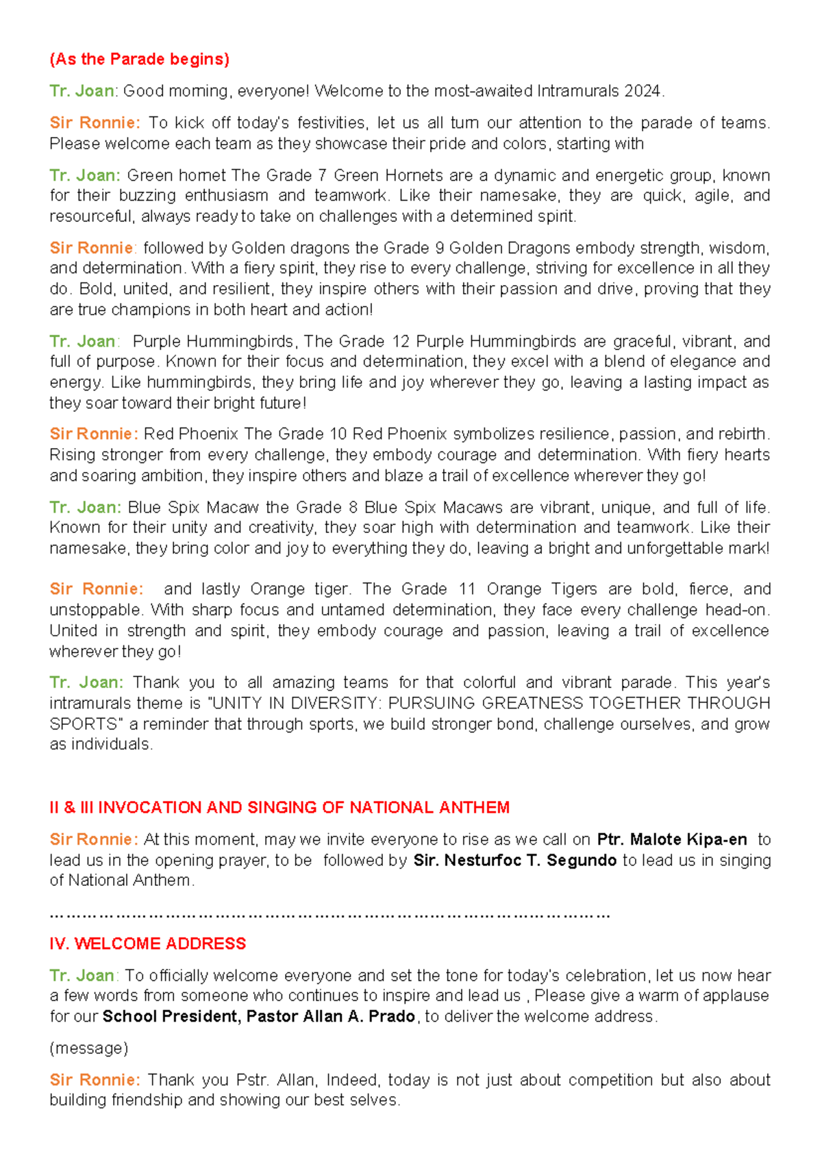 Script for Intramurals 2024 - Copy - (As the Parade begins) Tr. Joan ...