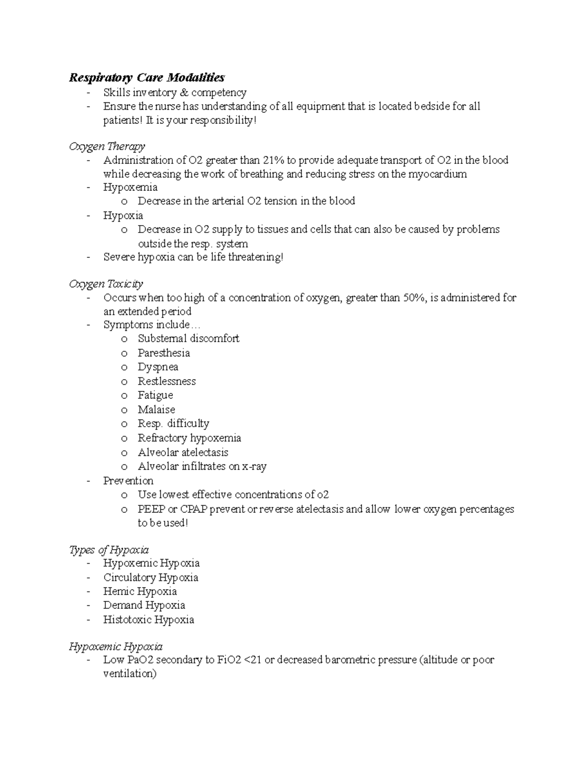NUR 313 Med Surg Class Two Notes - Respiratory Care Modalities Skills ...