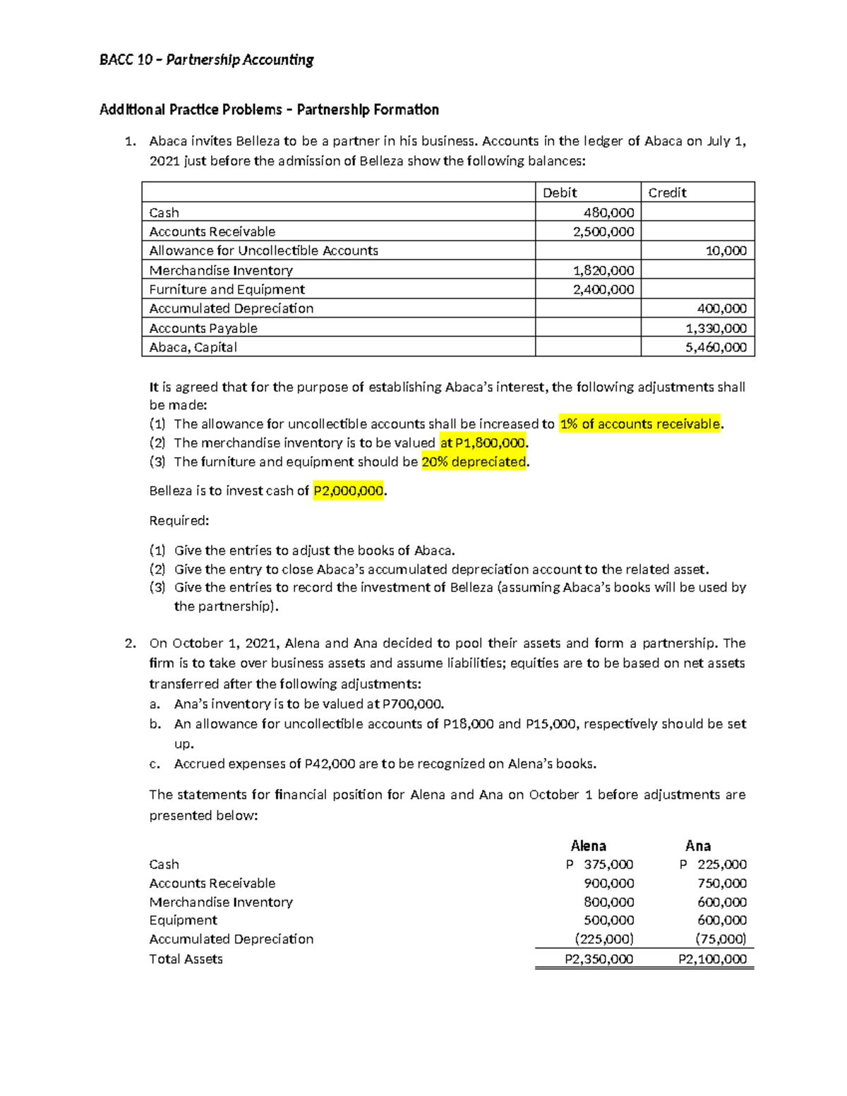 Practice Problems Part 2-Partnership Formation - BACC 10 – Partnership Accounting Additional ...