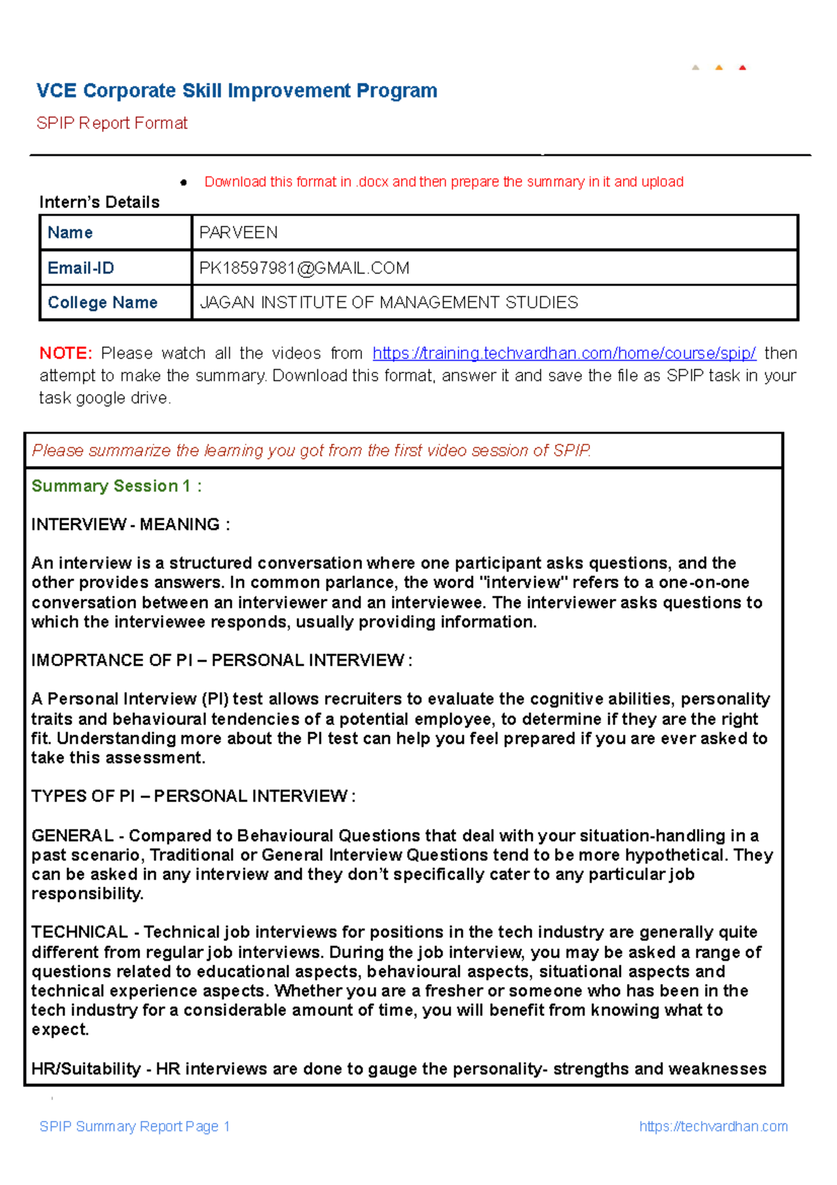 SPIP task - YDTNTNDTN - SPIP Report Format Download this format in ...