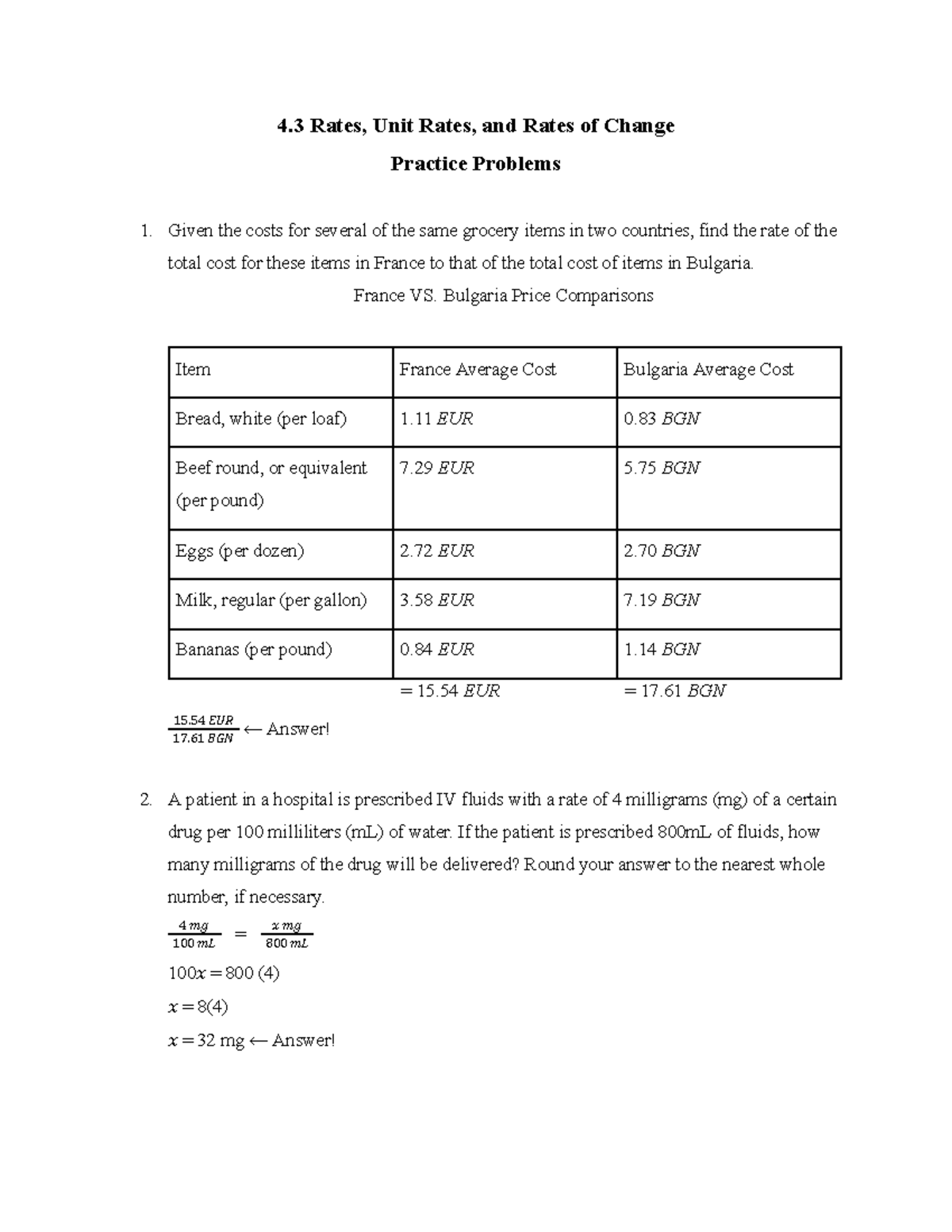 Section 4.3 Practice Problems - 4 Rates, Unit Rates, and Rates of ...