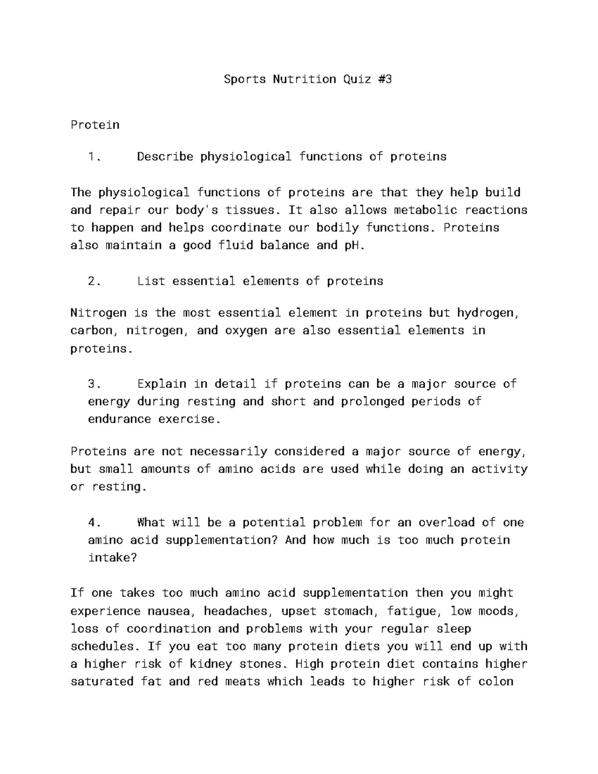 Sports nutrition Quiz #3 - Sports Nutrition Quiz # Protein Describe ...