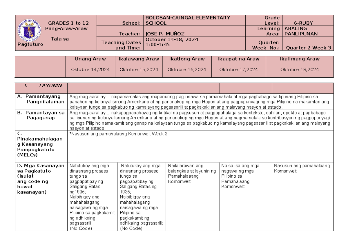 DLL AP-6 Q2 W3 - DLL AP-6 Q2 W3 - GRADES 1 to 12 Pang-Araw-Araw na Tala ...