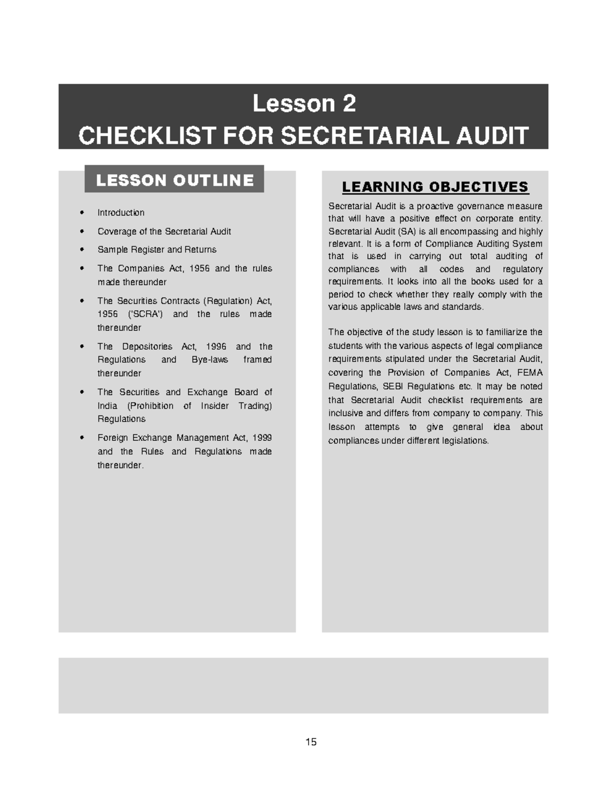 Checklist Under Various Law - Lesson 2 CHECKLIST FOR SECRETARIAL AUDIT ...